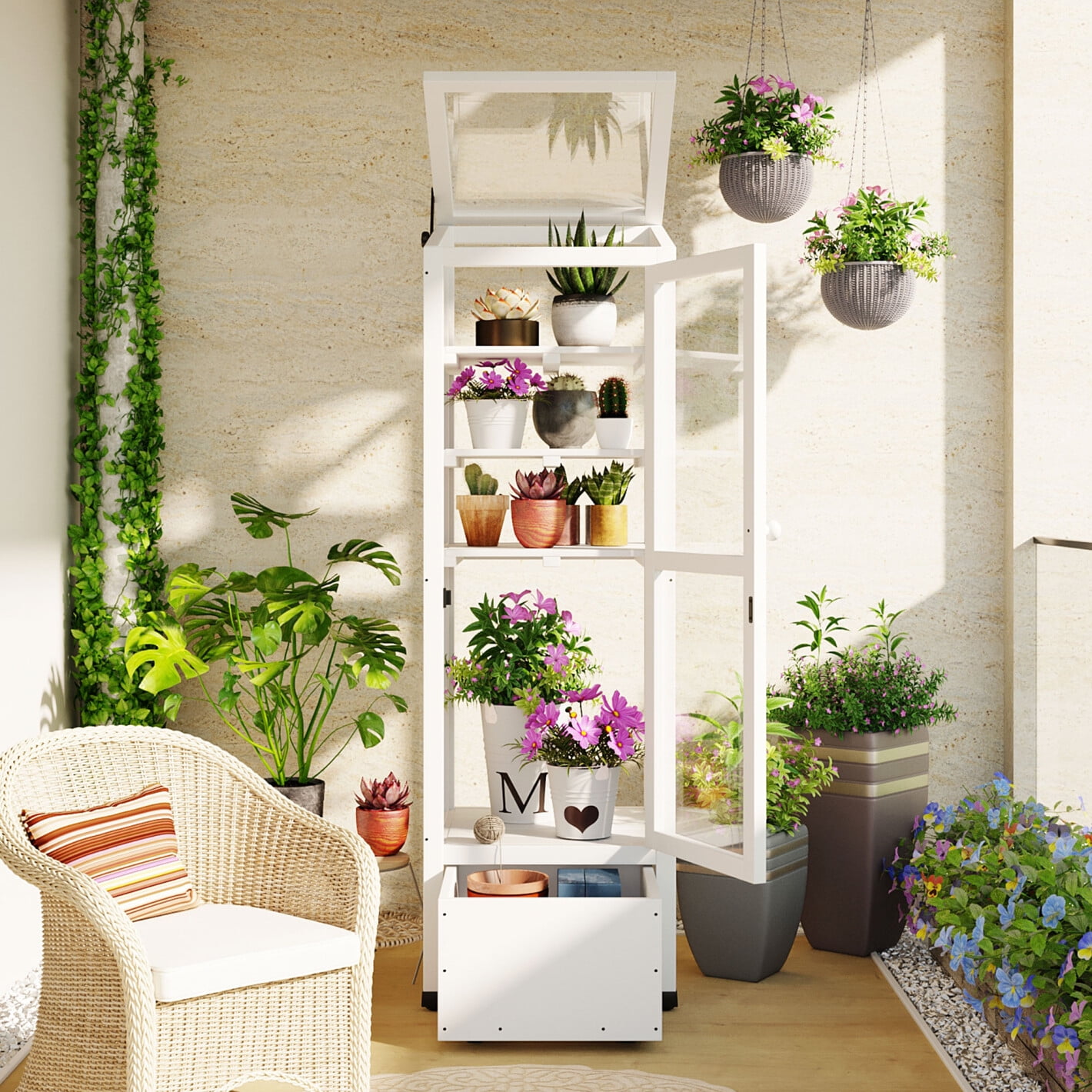 62.4" H Wood Garden Greenhouse, Portable Mini Cold Frame with Wheels ...