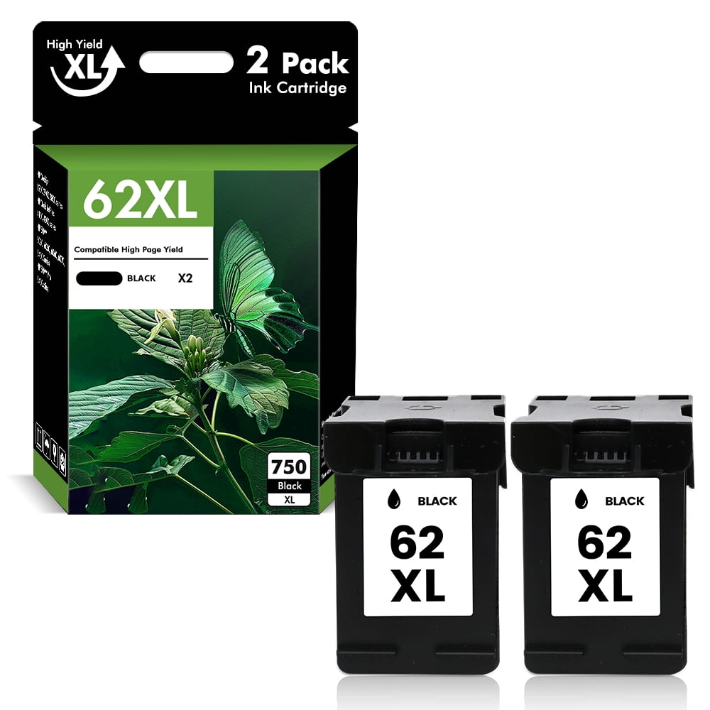 62 62XL Ink Cartridges Compatible for HP 62XL 62 2 Pack Black Ink for ...