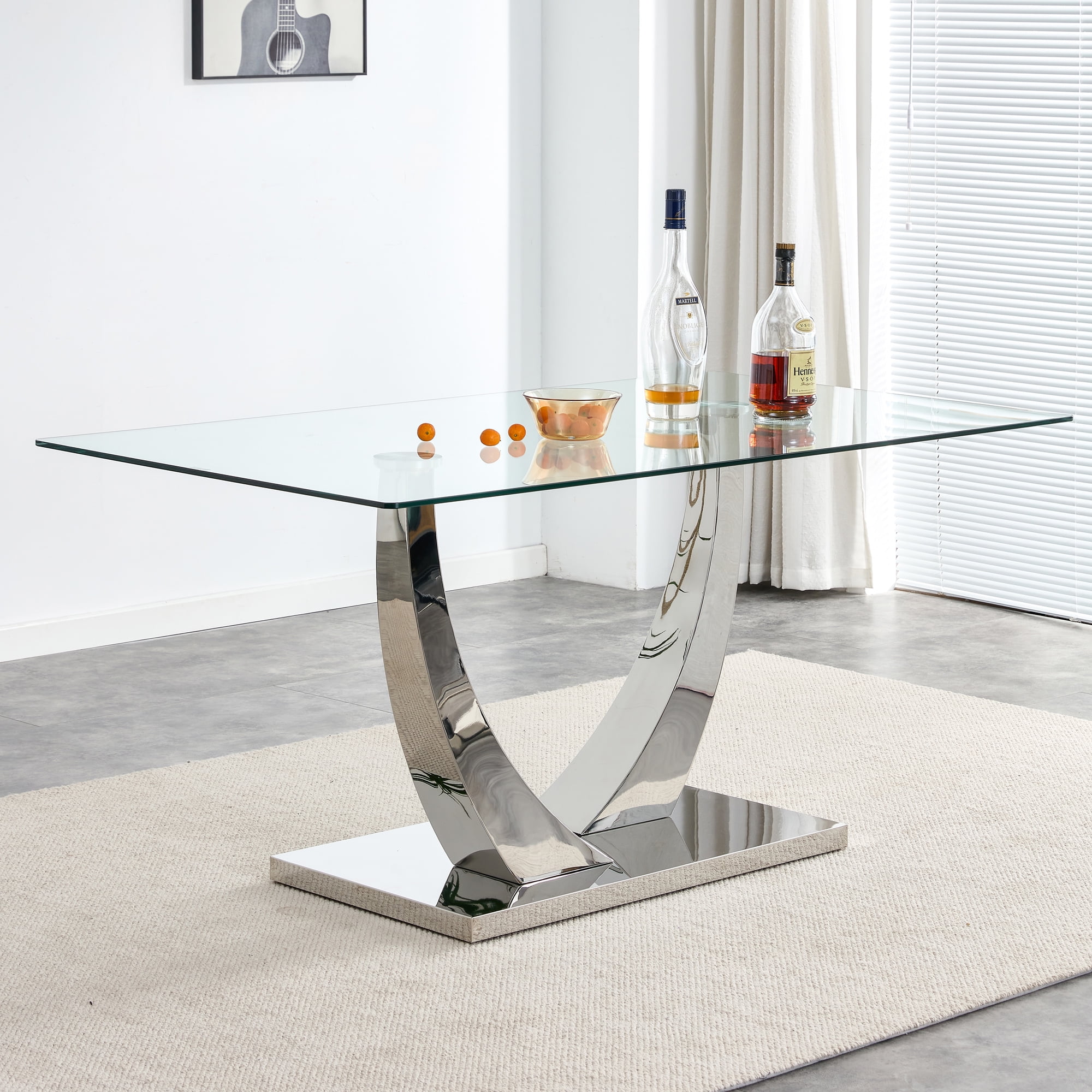 62.8 Rectangular Glass Dining Table for 4 6 with 0.39 Tempered Glass and Silver Chrome Metal Special Shaped Bracket for Kitchen Dining Living