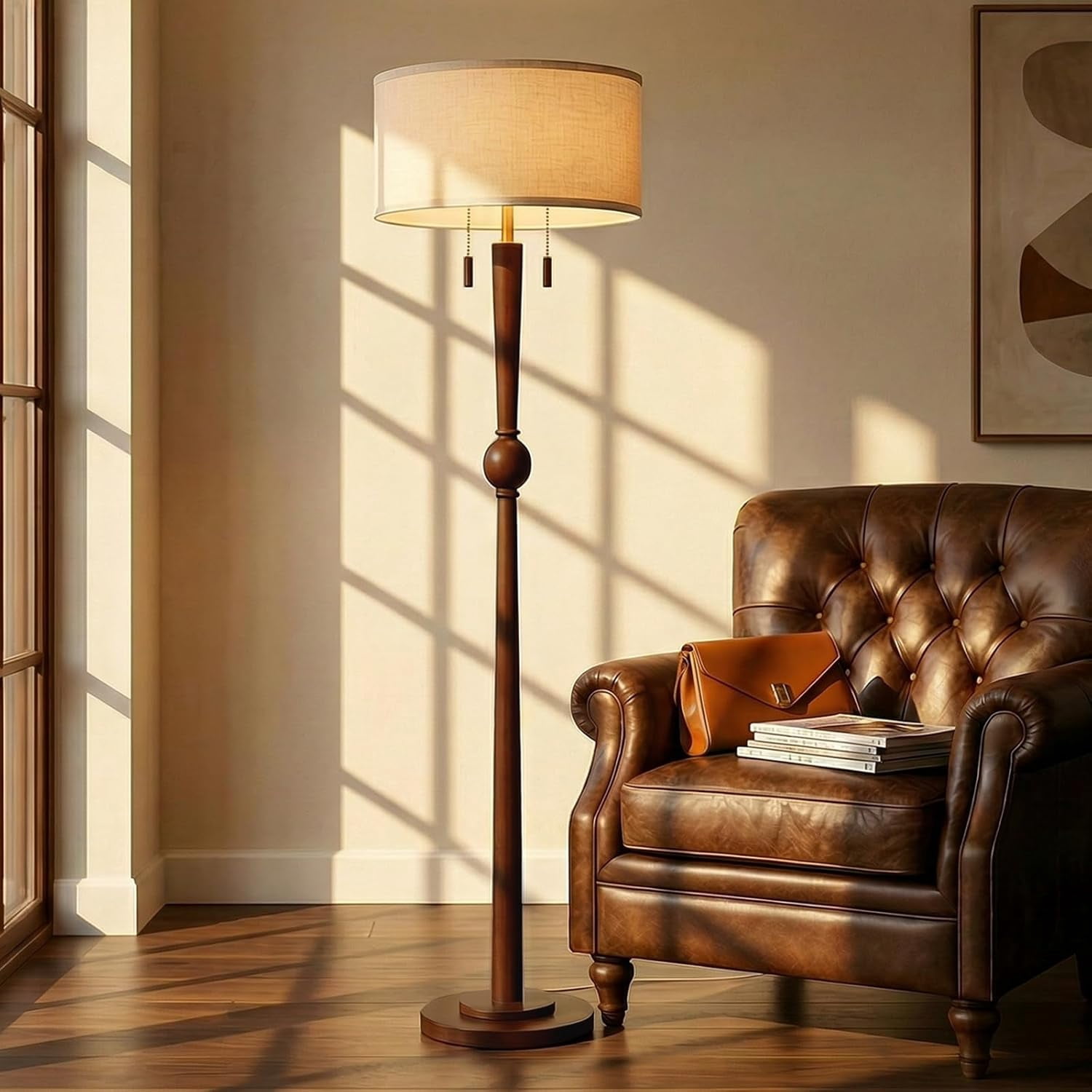 62.8" Solid Wood Floor Lamp,Tall Standing Floor Lamp with 2-Light Pull ...