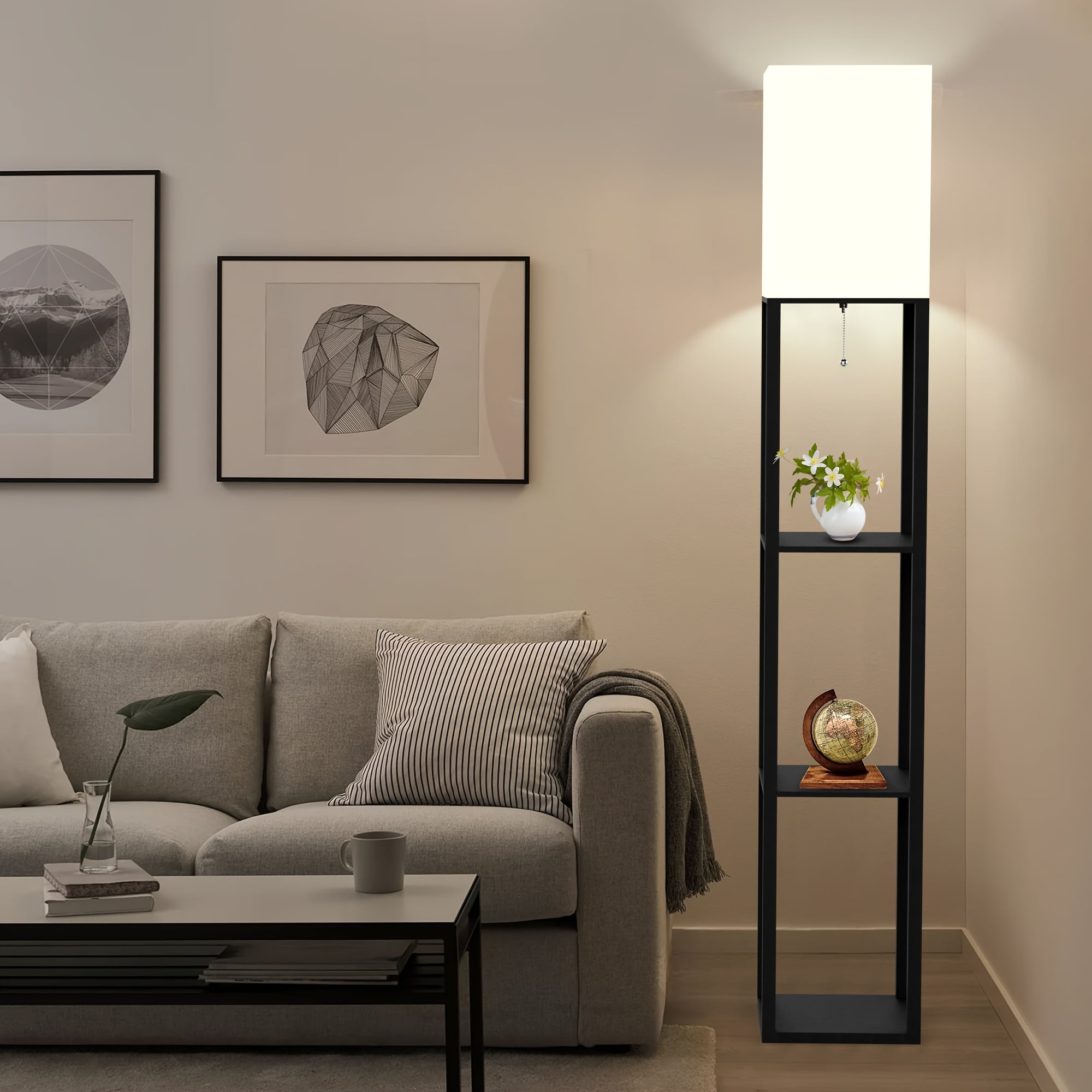 62.9" Column Floor Lamp With Shelves, Real Solid Wood And Bulb Included ...