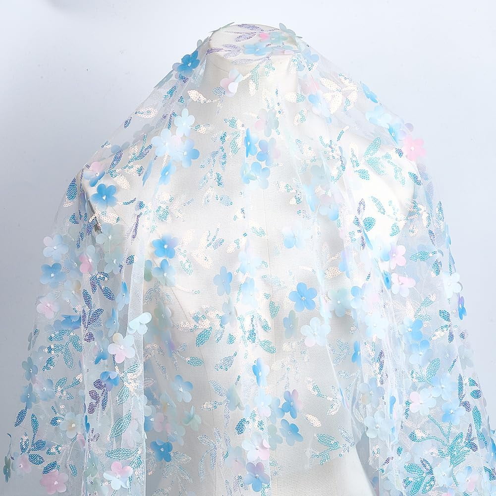 62.99 Inch Light Blue 3D Flower Sequin Tulle Cloth Pattern Netting ...