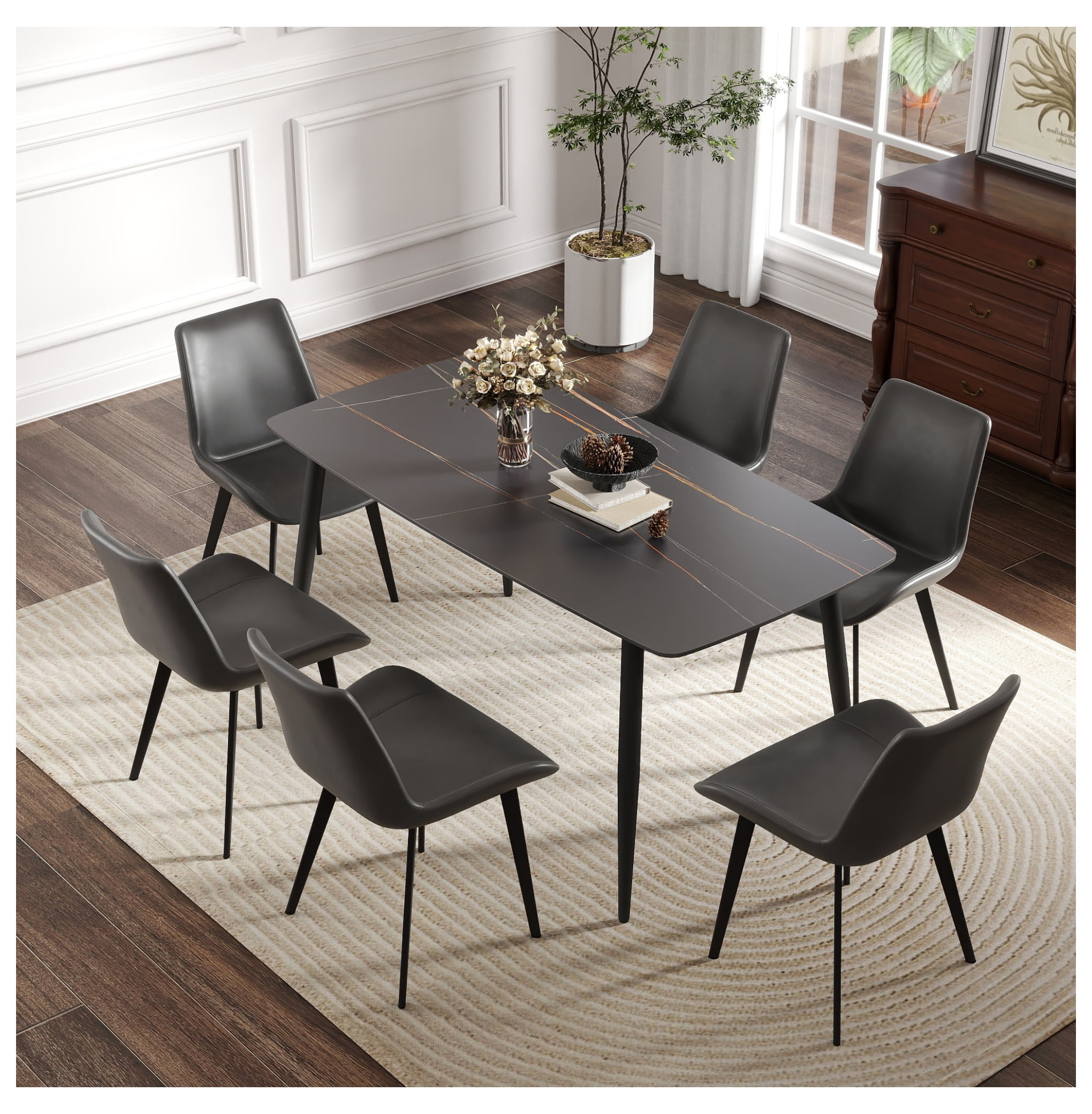 62.99" Modern Artificial Stone Black Curved Edge Black Metal Leg Dining ...