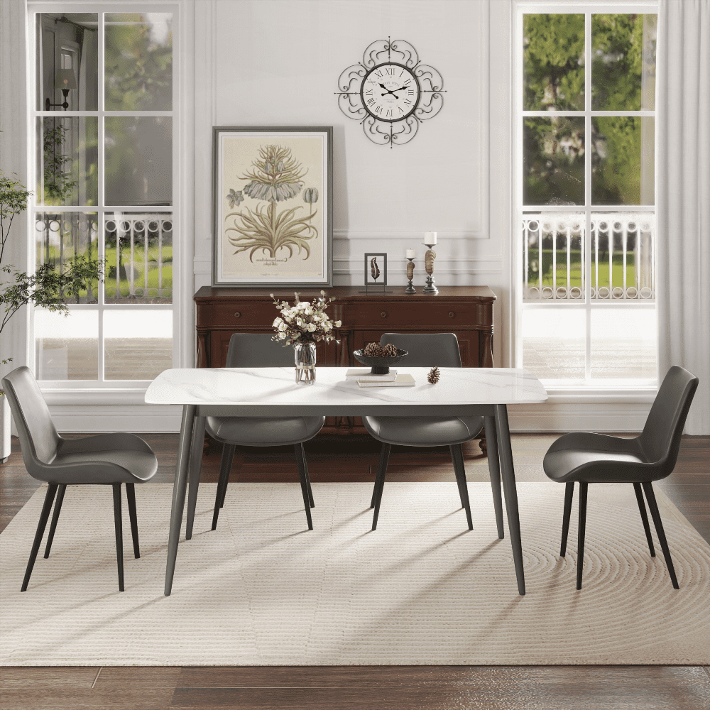 62.99" Modern White Curved Edge Dining Table with Dark Grey Metal Legs ...