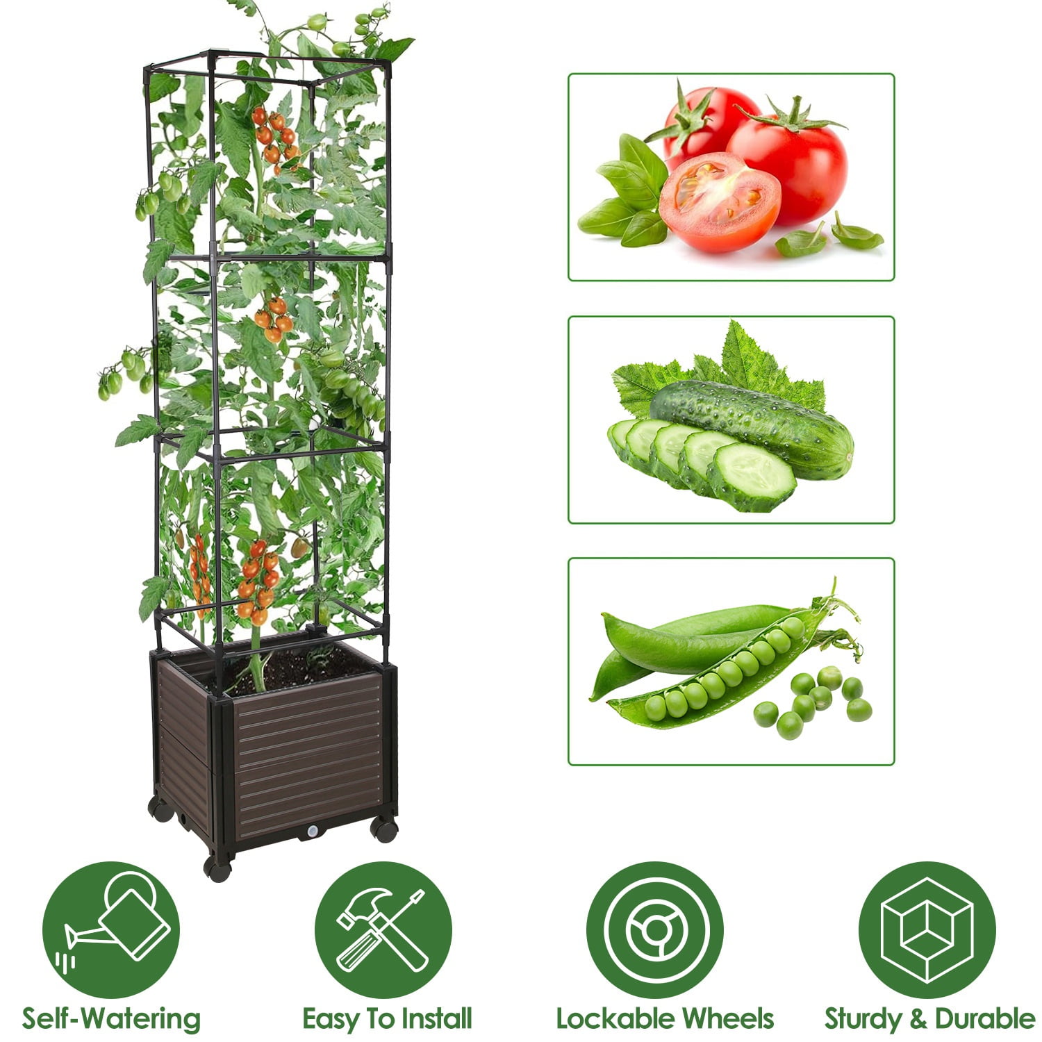 62.99IN Self-Watering Raised Garden Bed Planter Box w/ Trellis Wheels ...