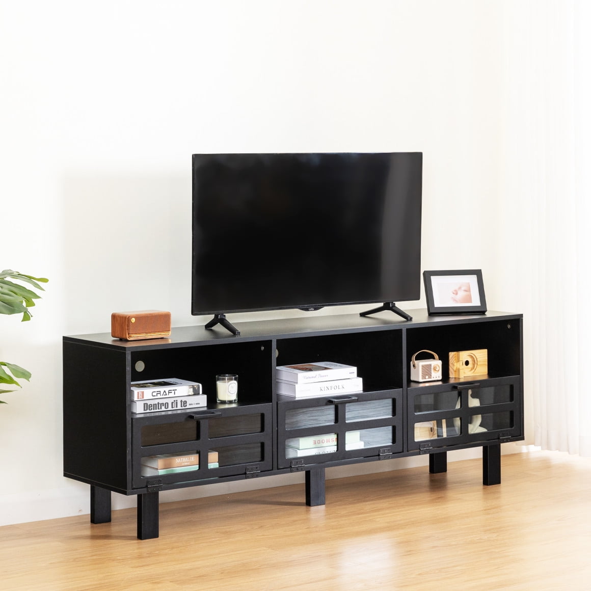 62" Accent TV Stand, Modern Wood Storage Cabinet with Door, Metal ...