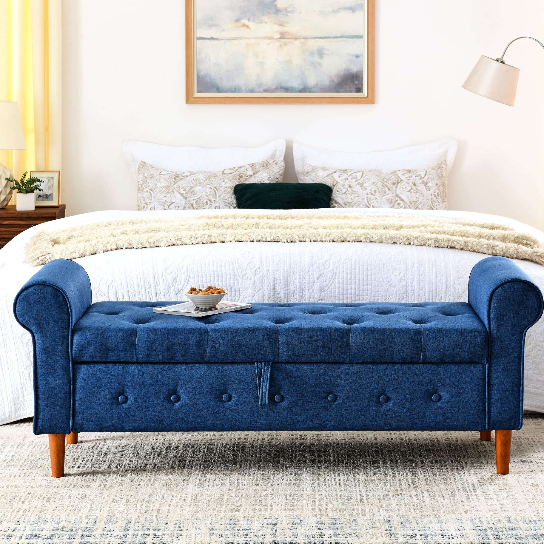 62" Button Bench For Bedroom, Living Room, Foyer In Blue With Rolled ...