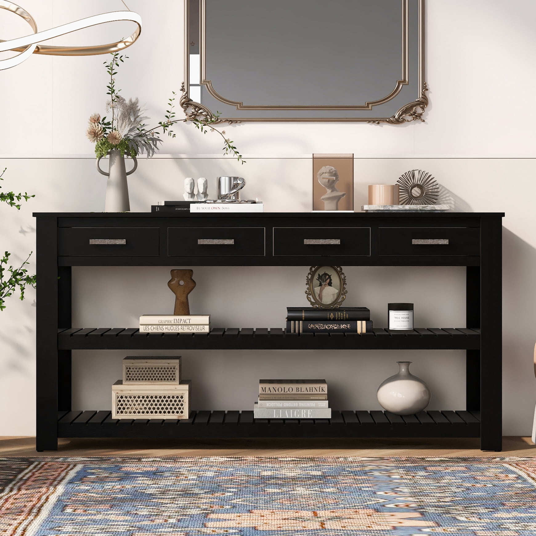 62" Entryway Console Table with 4 Drawers, Modern Wood Sofa Table Side ...