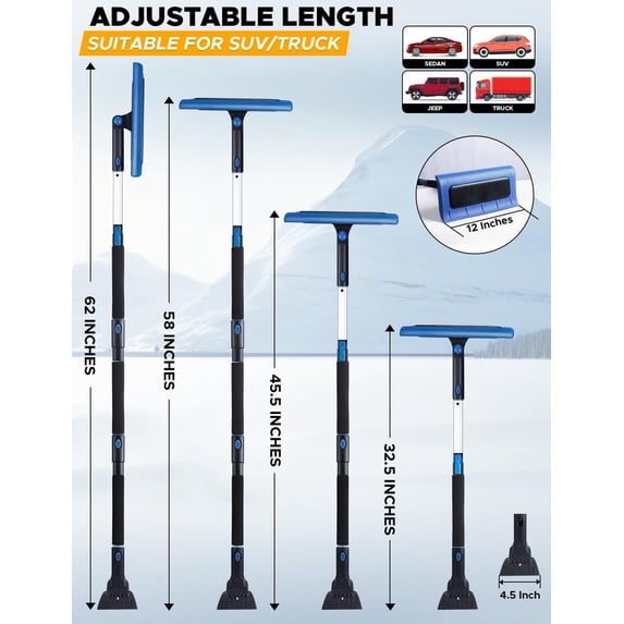 62" Extendable Snow Broom with Ice Scraper | Dual-Function Foam Head ...