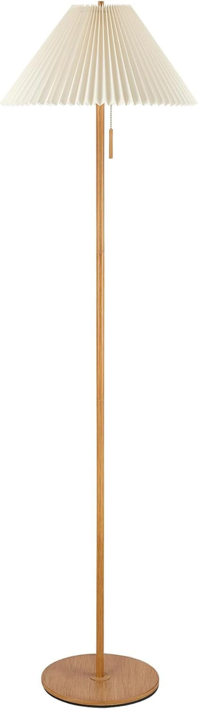 62" Floor Lamp, Faux Wood Finish, Pleated Fabric Shade, Flat Base, Pull Chain Switch on Socket ...