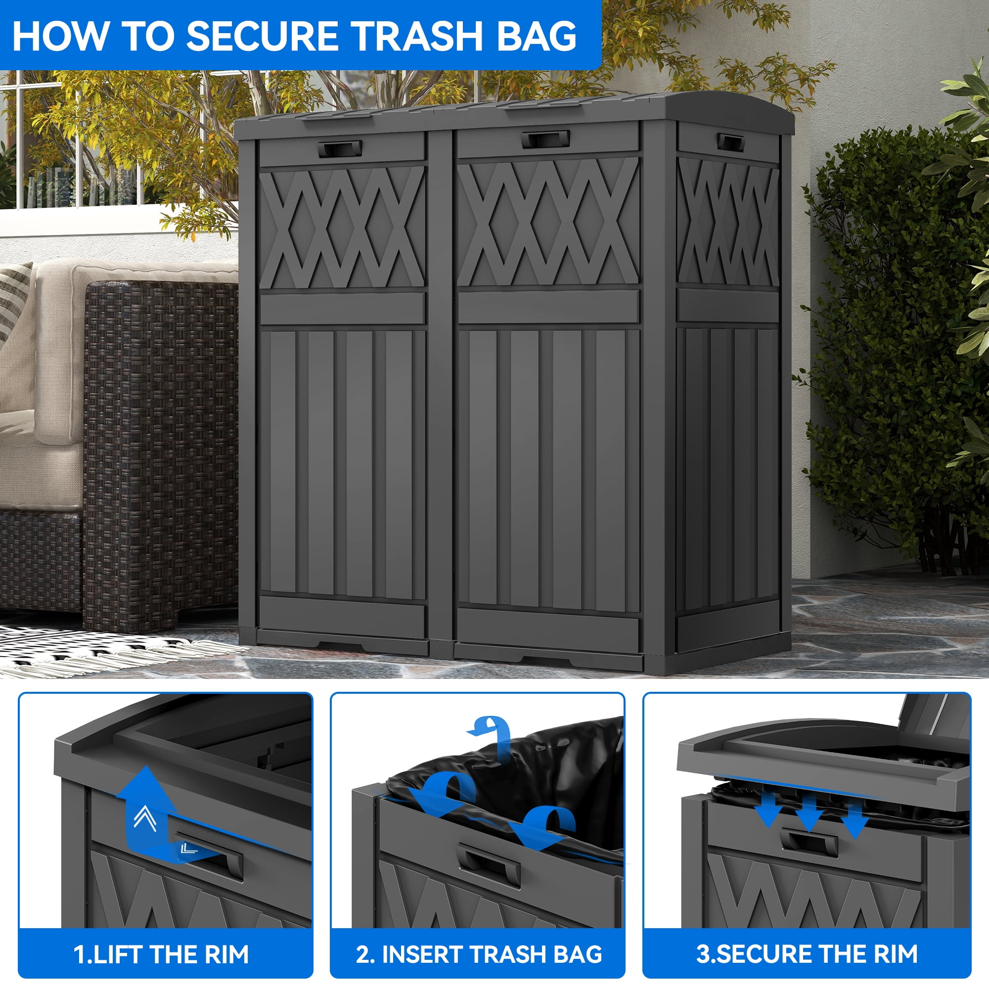 62-Gallon Outdoor Resin Trash Bins,Garbage Dual Can with Tiered Lid and ...