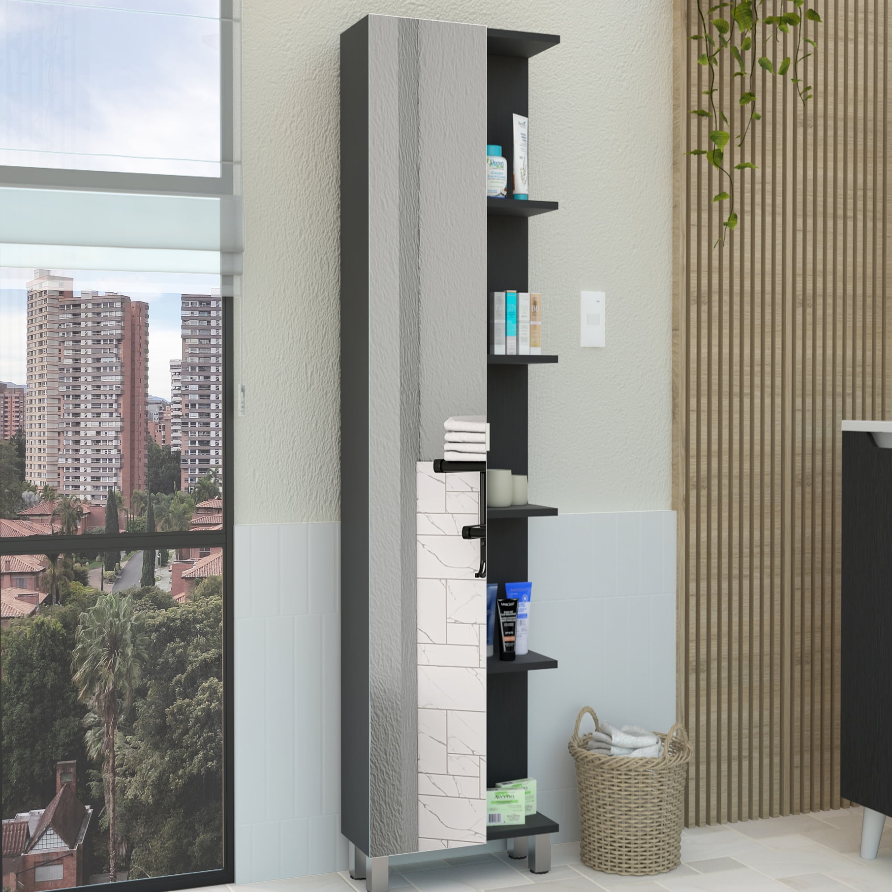 62" High Black Linen Cabinet With Five External Shelf Sections And Four ...