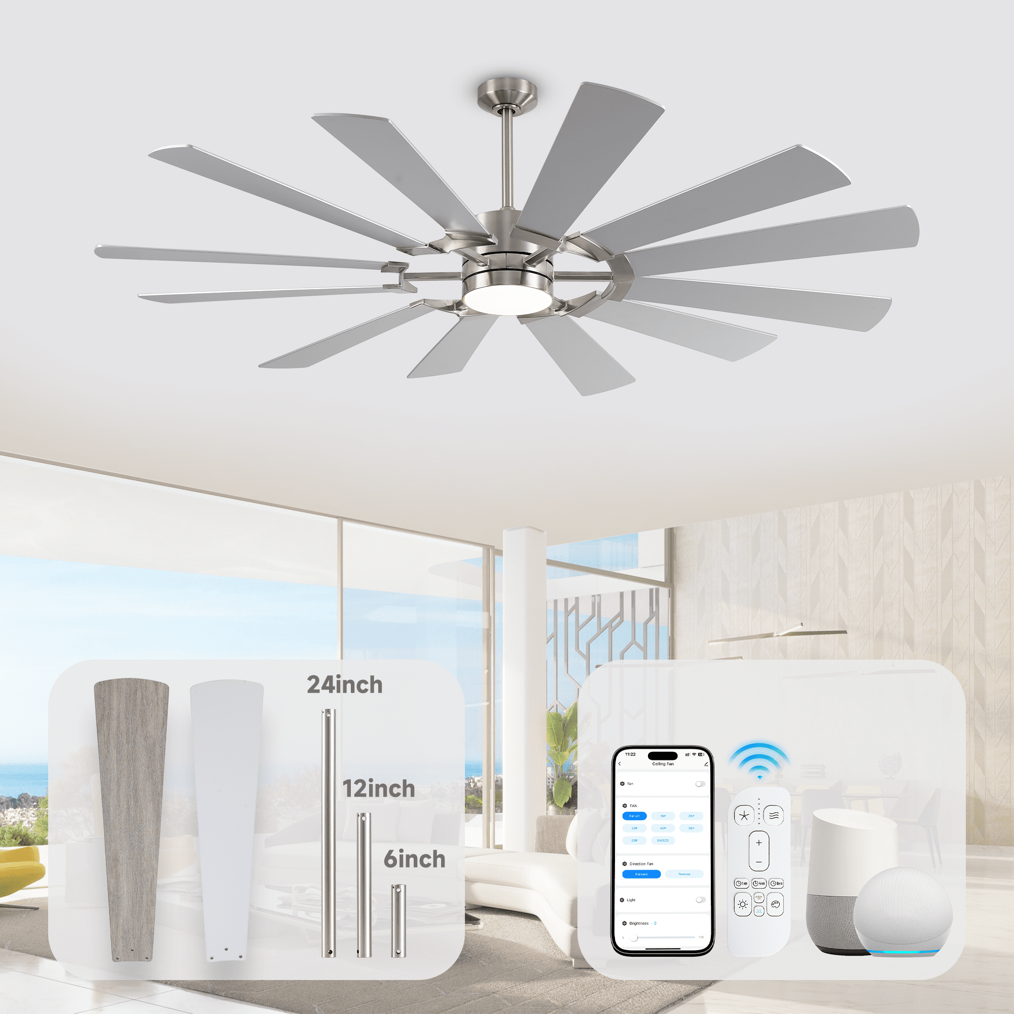 62 Inch Ceiling Fan with Light and Remote, Indoor Outdoor Damp Rated ...