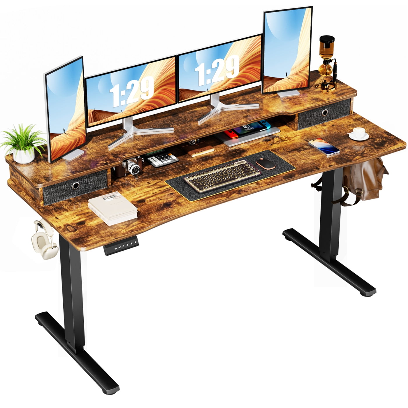 62 Inch Height Adjustable Electric Standing Desk with Double Drawer ...
