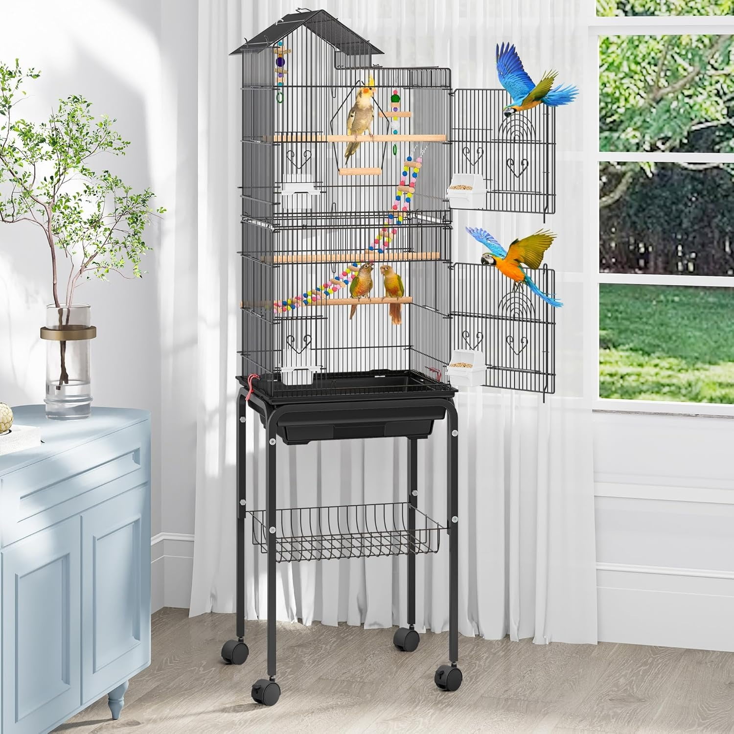 62 Inch Large Bird Cage - Metal Flight Cage with Rolling Stand, Feeding ...