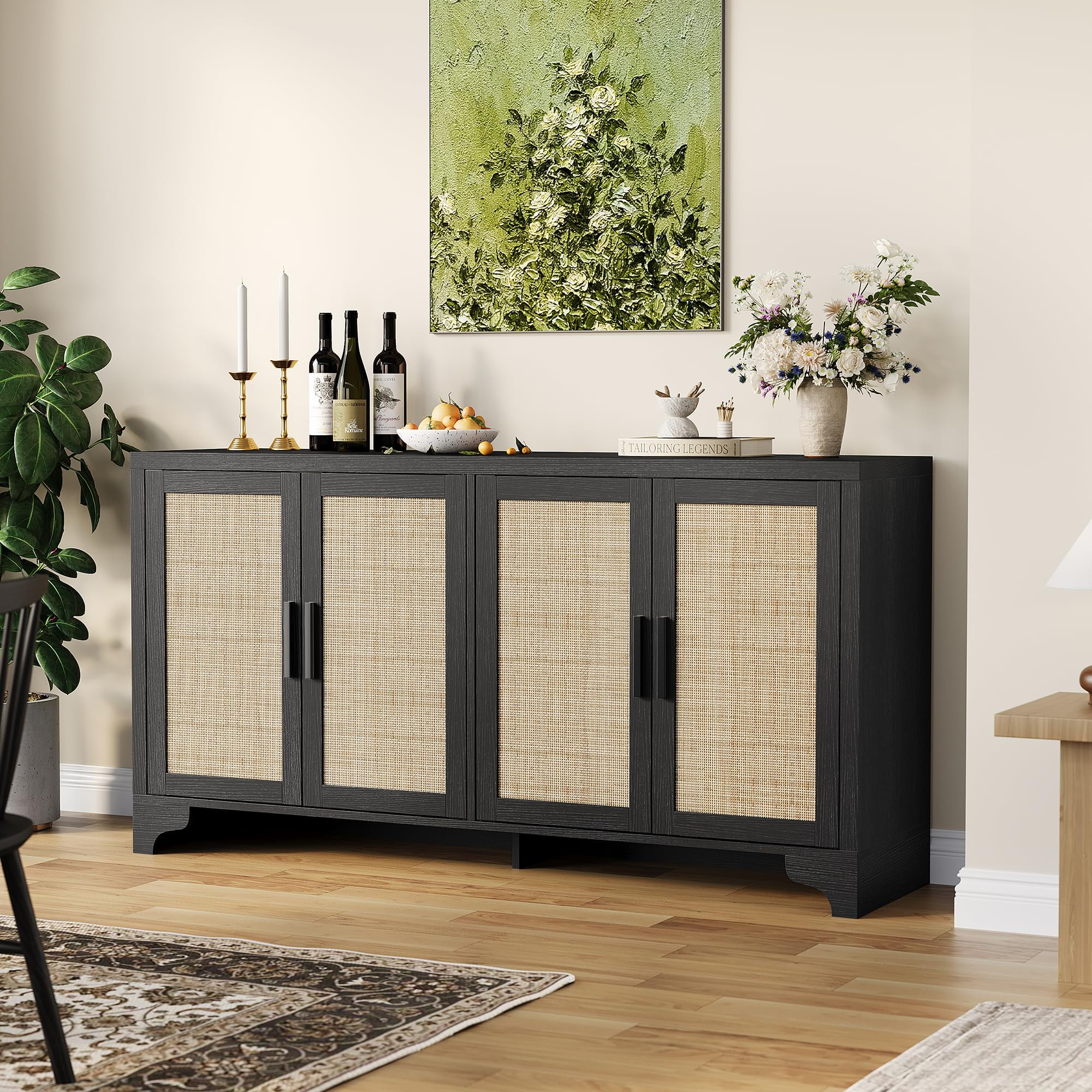 62 Inch Rattan Sideboard Buffet Cabinet, 4-Door Kitchen Storage Cabinet ...