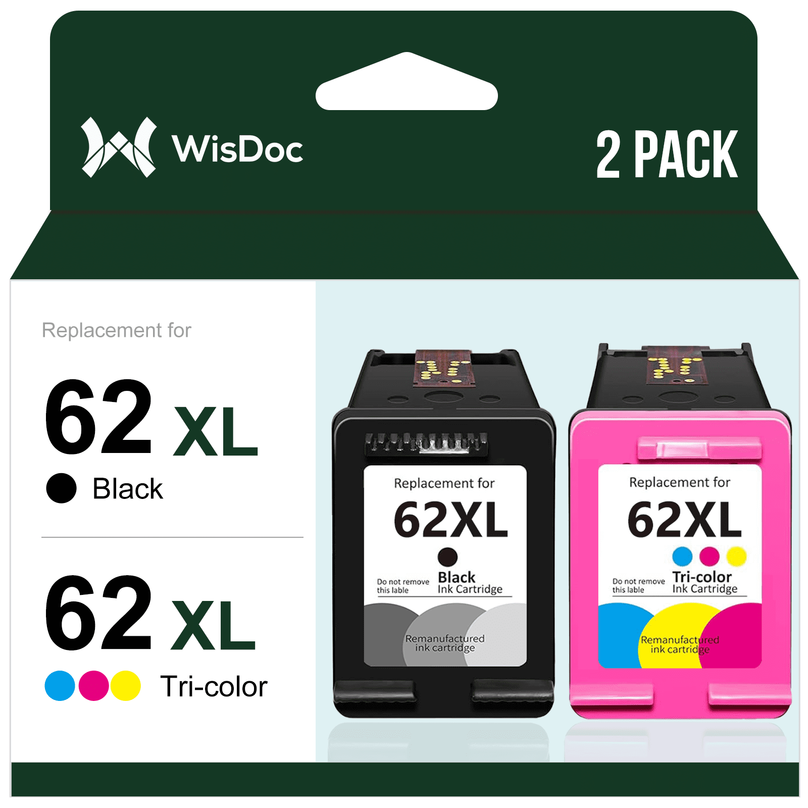 HP 62XL Remanufactured Ink Cartridges 2-Pack (1 Black, 1 Tri-Color) for HP ENVY, OfficeJet ...