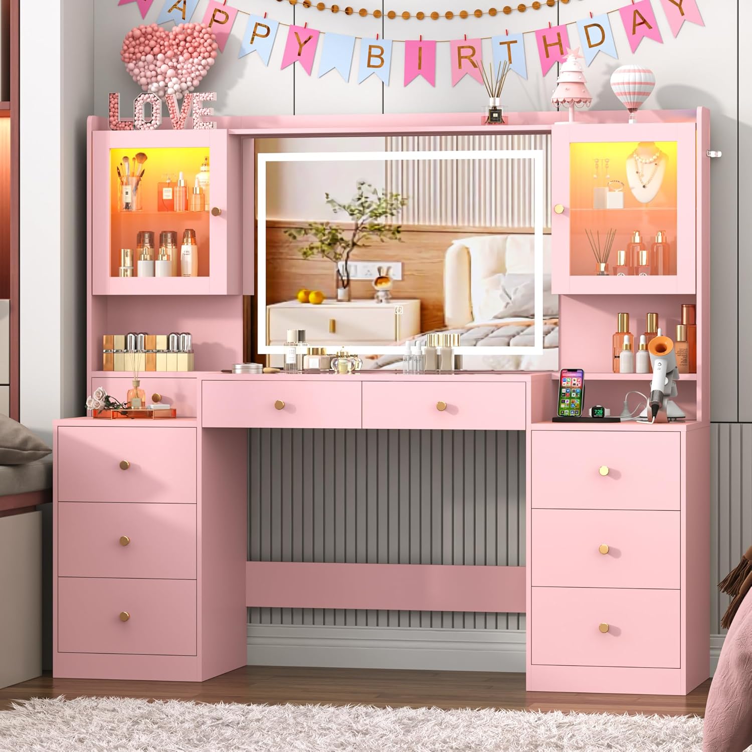 62" Large Pink Vanitys Desk w/ Tempered Glass Top,60000-color LED ...