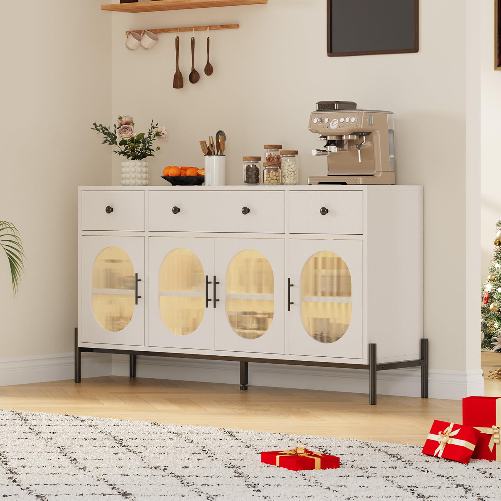 62" Large Sideboard Buffet with Storage, Modern Farmhouse Coffee Bar ...