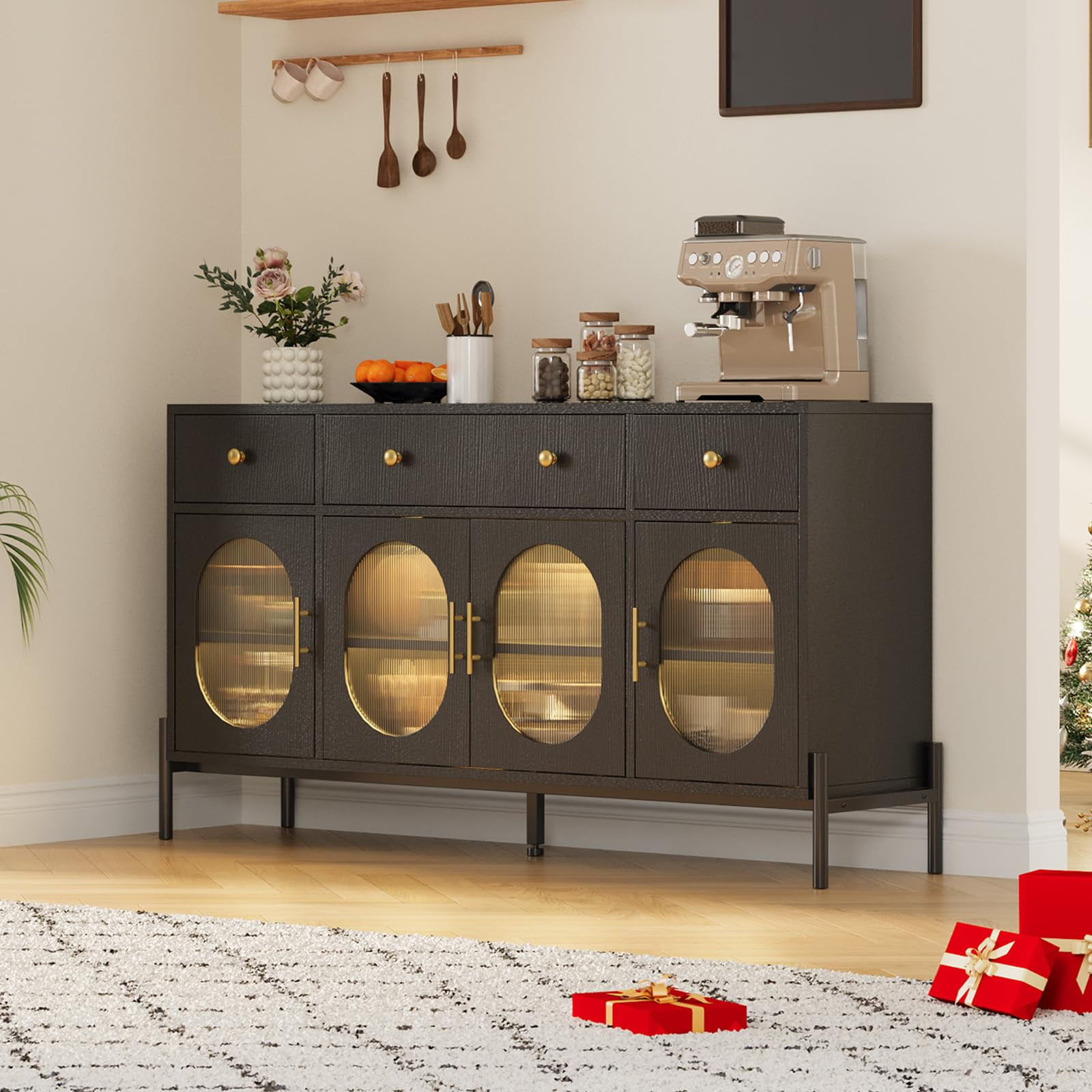 62" Large Sideboard Buffet with Storage, Modern Farmhouse Coffee Bar ...