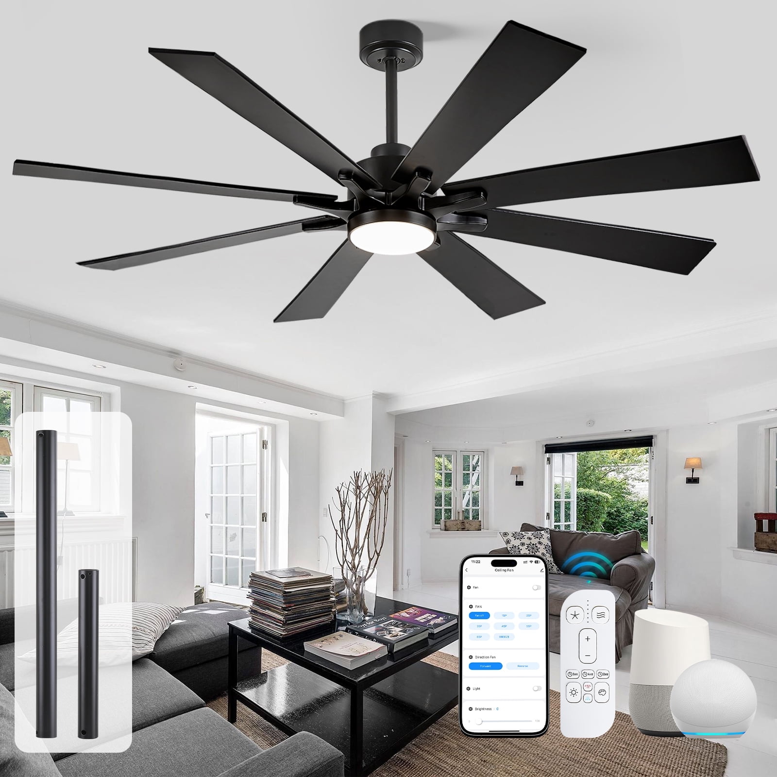 62" Outdoor Ceiling Fans for Patios with Light and Remote, Modern Black ...