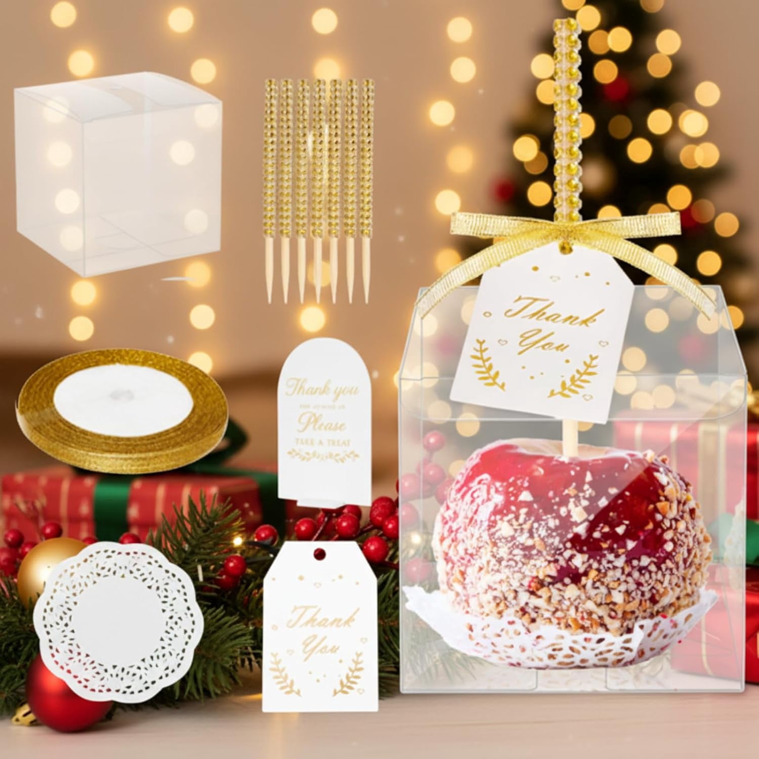 62 Pcs Candy Apple Kit Includes 20 Pack 4''x 4'' x 4'' Clear Candy ...