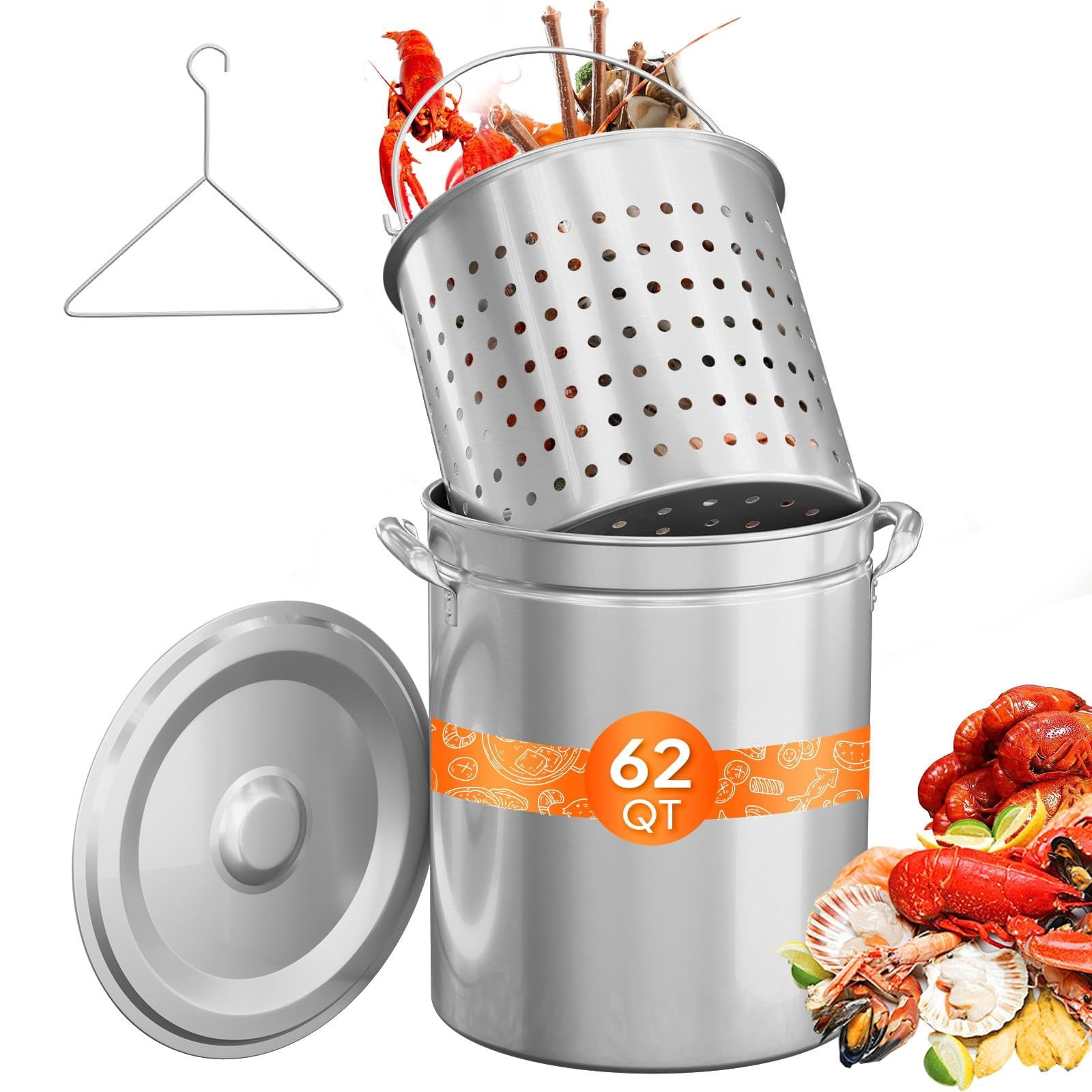 62 Quart Stainless Steel Seafood Boil Pot with Strainer Basket Lid Hook ...