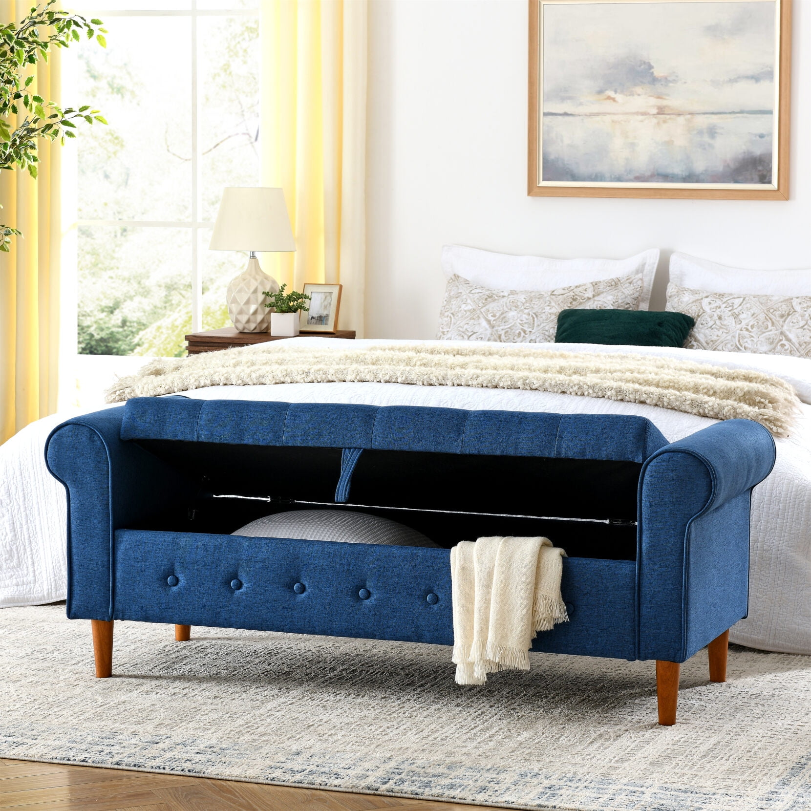 62" Storage Bench with Arms, Canvas Fabric Upholstered Ottoman Seat ...