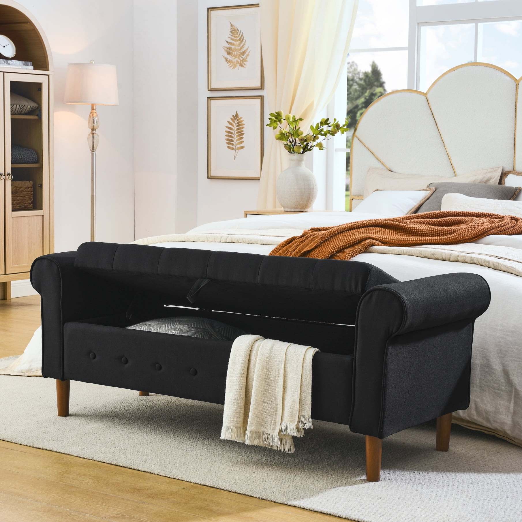 62" Storage Bench, Modern Linen Upholstered Button Storage Ottoman with ...