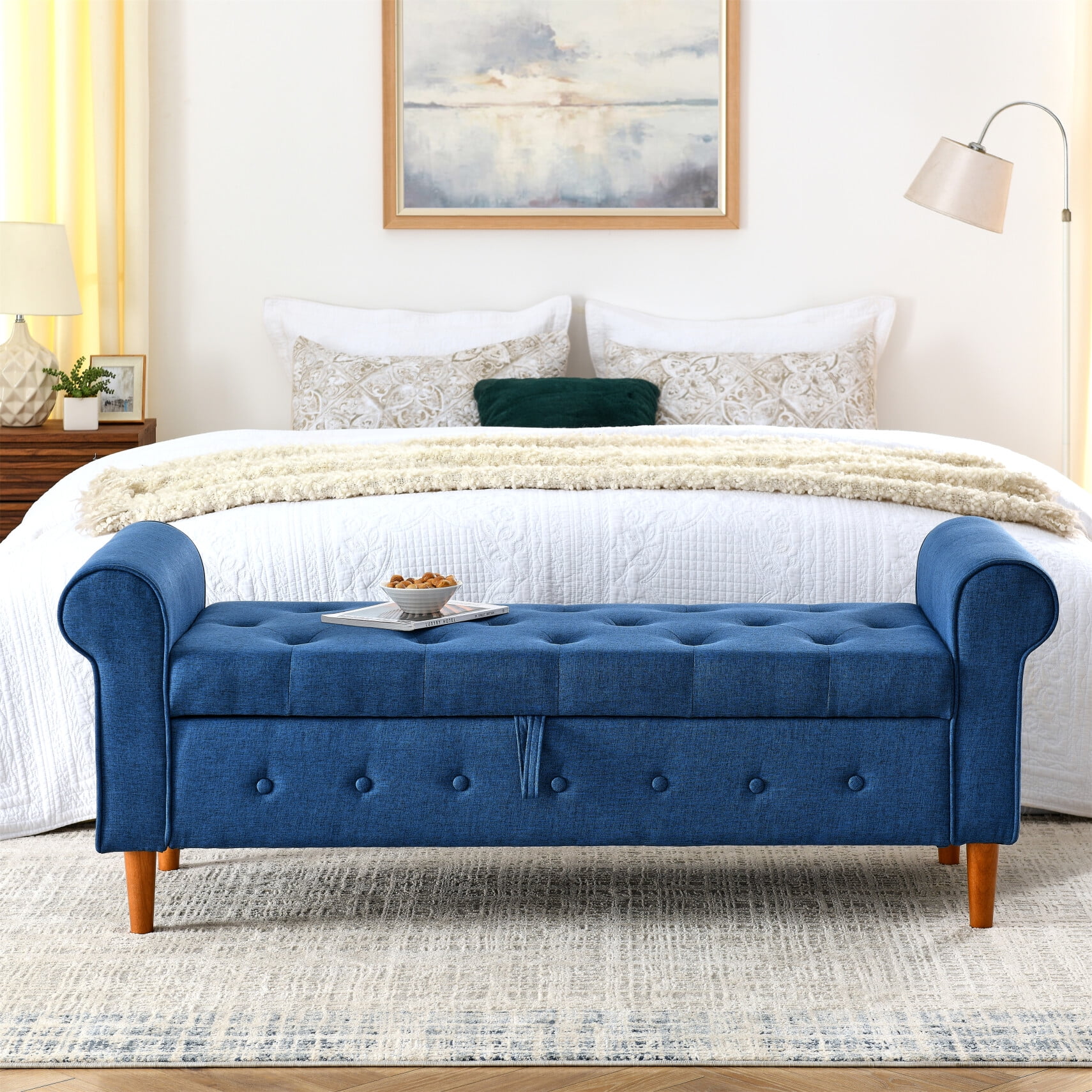 62” Storage Ottoman Bench, Linen Upholstered Entryway Bench with Flip ...