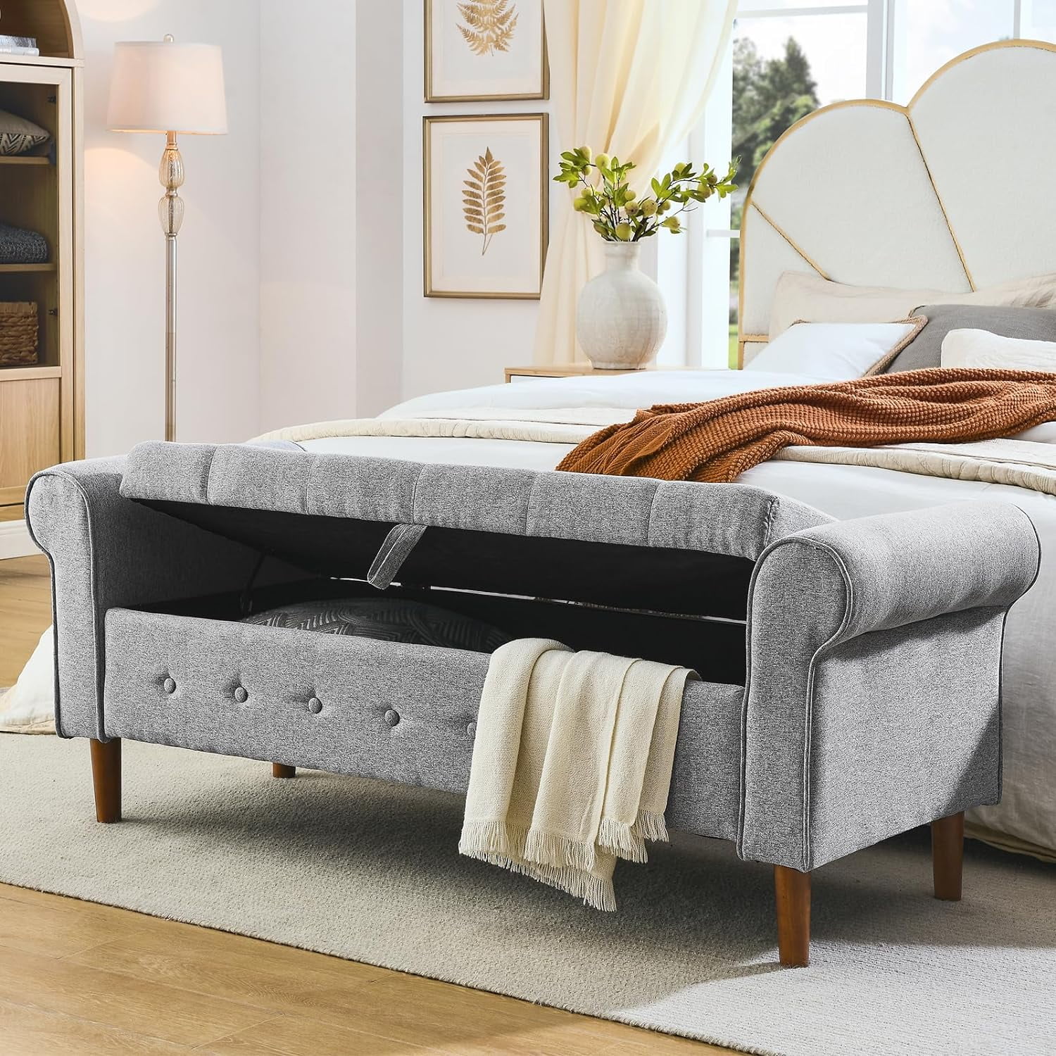 62" Storage Ottoman Bench, Linen Upholstered Large Ottoman Bench with ...