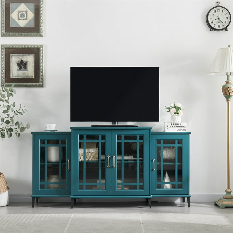 62 TV Stand Storage Buffet Cabinet with Tempered Glass Doors Adjustable Shelves Sideboard Buffet Cabinet Entryway Console Table Stylish Serving Cabinet for Living Room Bedroom Hallway Teal Blue Walmar...