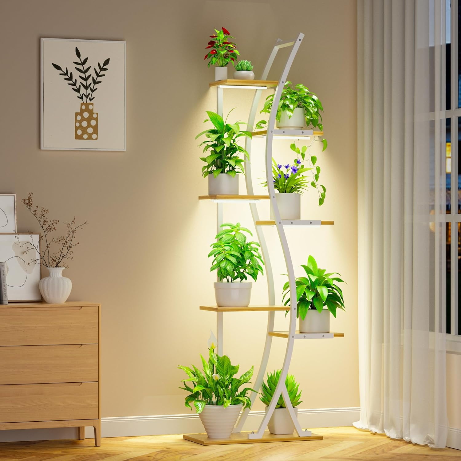 62" Tall Plant Stand with Grow Light Indoor, 7 Tiered Metal Plant Shelf ...