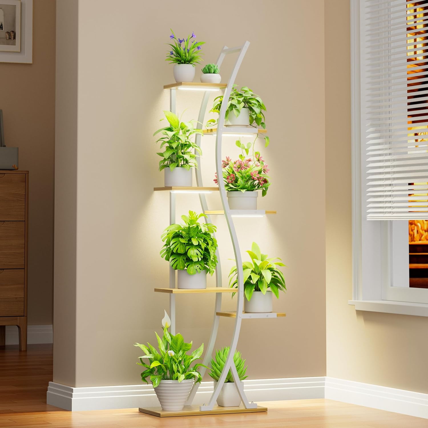 62" Tall Plant Stand with Grow Light Indoor, 7 Tiered White Plant Shelf ...