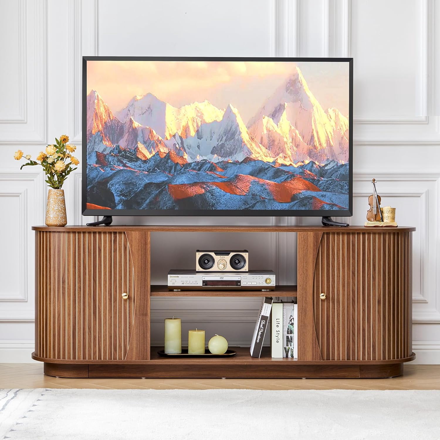 62" Tambour Door TV Stand, Wood Mid Century Modern TV Cabinet for TV Up ...