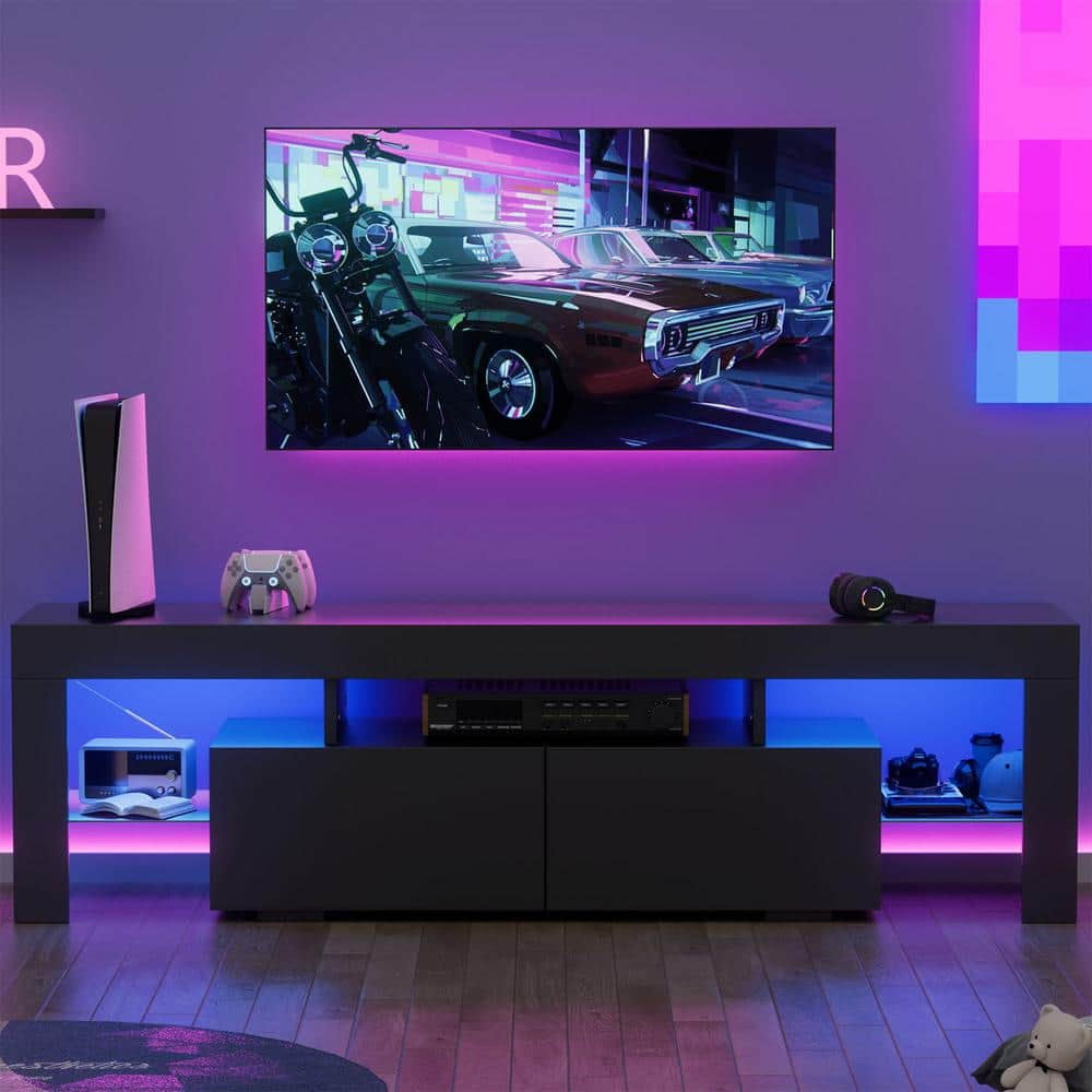 62 in. Cyber Vibe Black TV Stand Fits TV's up to 70 in. Multicolor ...