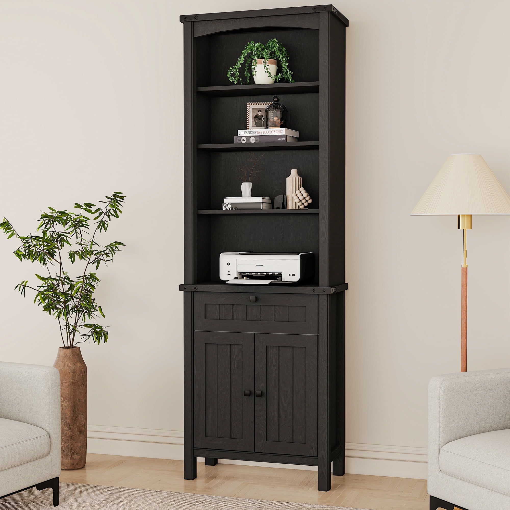 72" Tall Fluted Bookshelf with Storage, Farmhouse 4 Tier Bookcase with ...