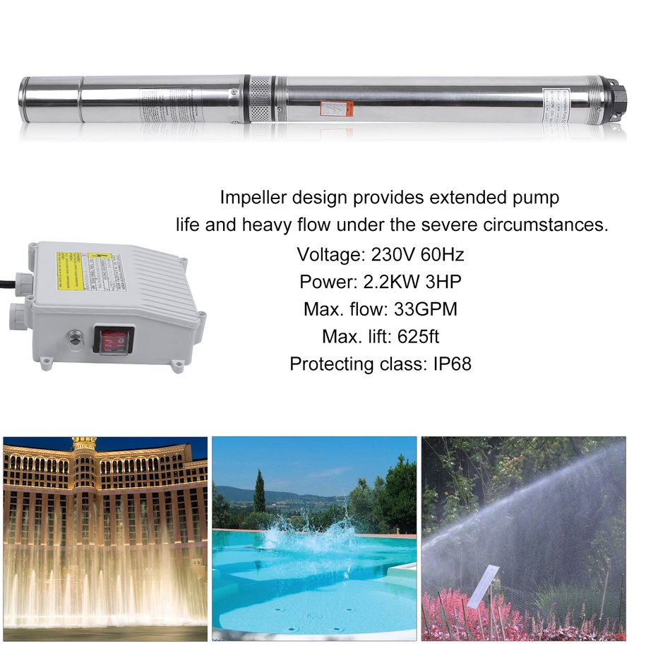 625 Feet Stainless Steel 33 GPM Deep Well Pump 230V 2.2KW Borehole Water Pump - Walmart.com