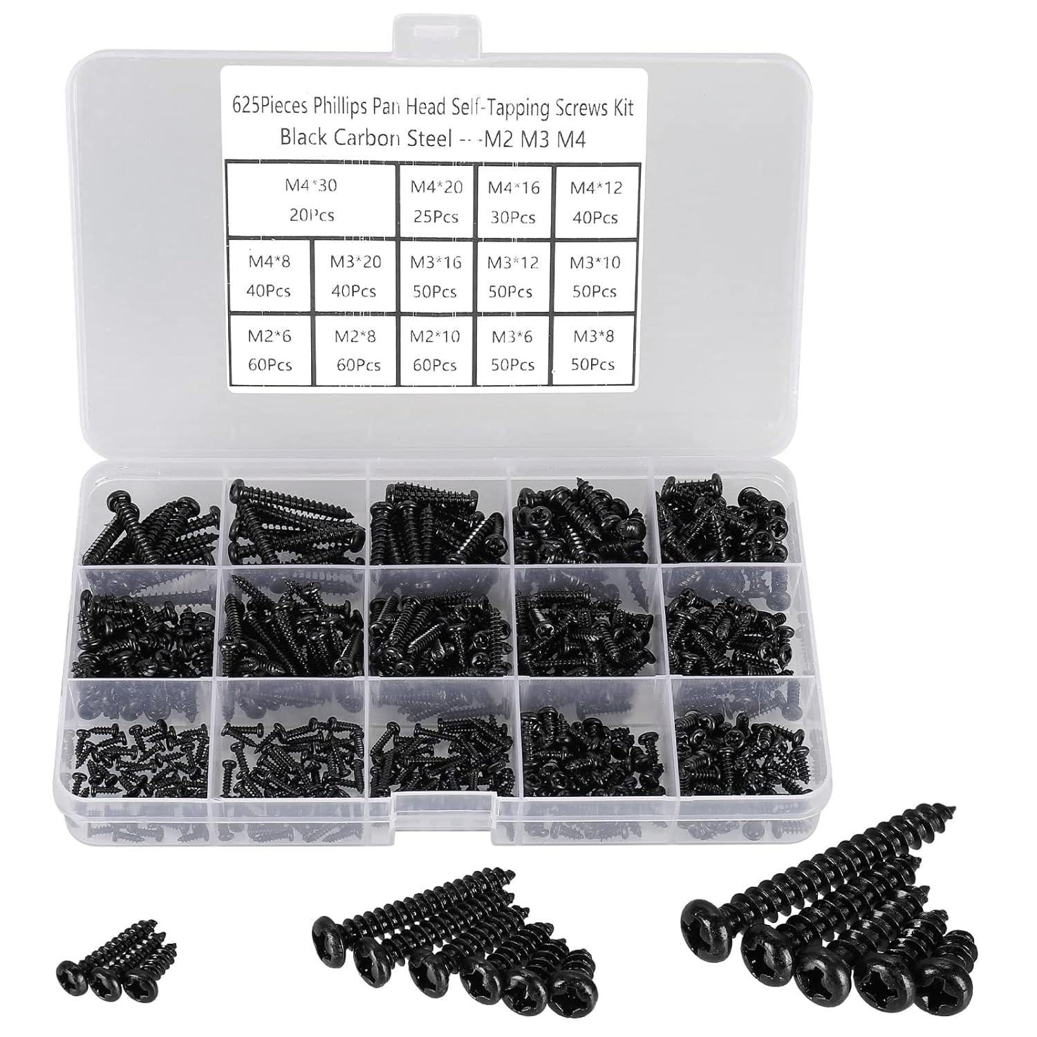 625pcs M2 M3 M4 Phillips Pan Head Self-Tapping Screws,14 Sizes Round ...