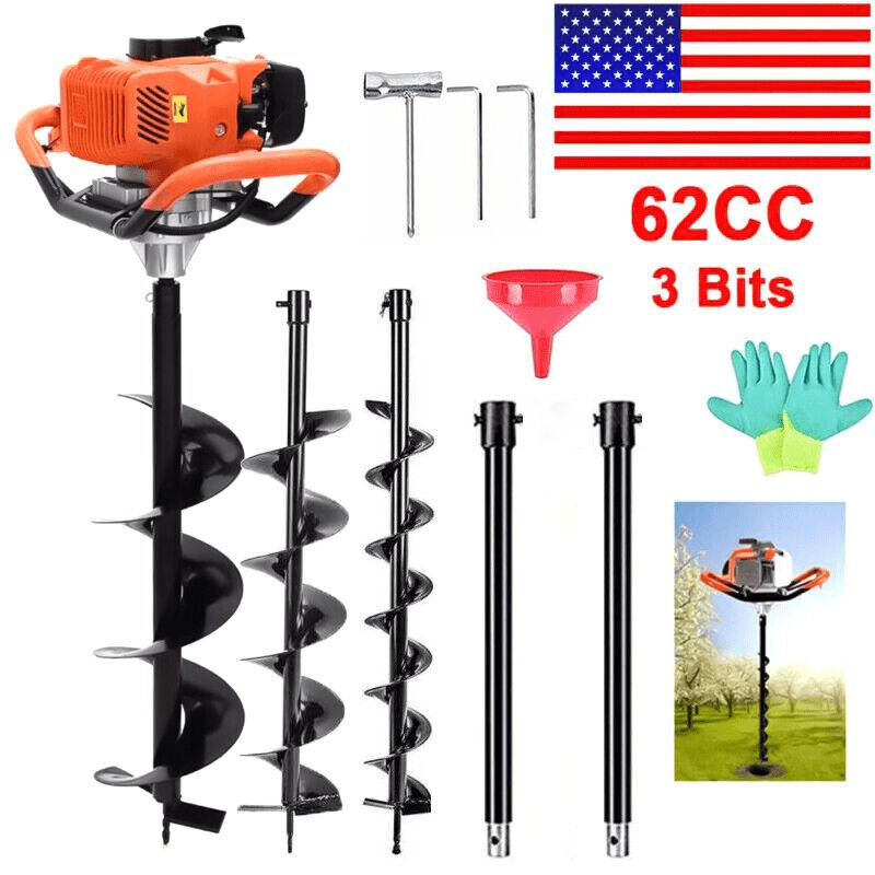 62CC 2.8HP Gas Powered Post Hole Digger W. 3" 5" 8" Earth Auger Digging ...