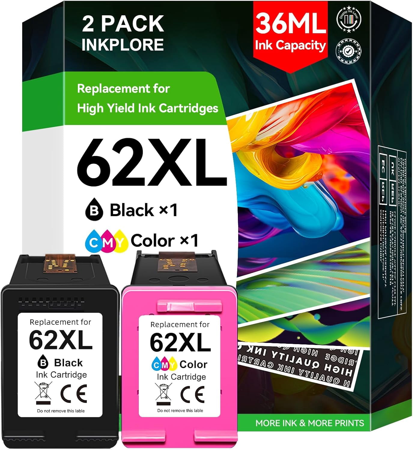 62XL Ink Cartridge Combo Pack Compatible for HP Ink 62 Black and Color ...