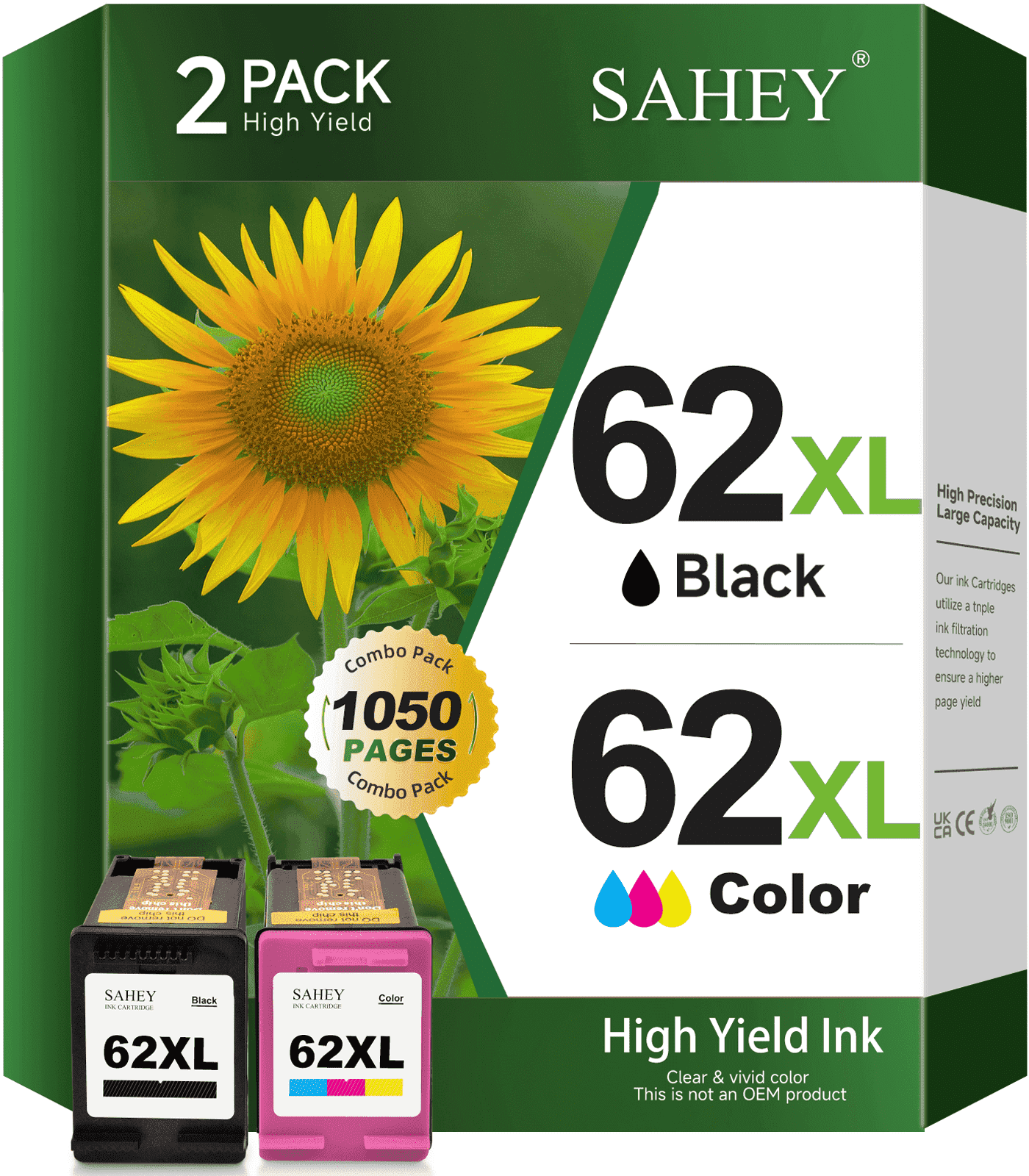 SAHEY 62XL Ink Cartridge 2-Pack, Black/Tri-Color, for HP Envy 5530/5640 ...