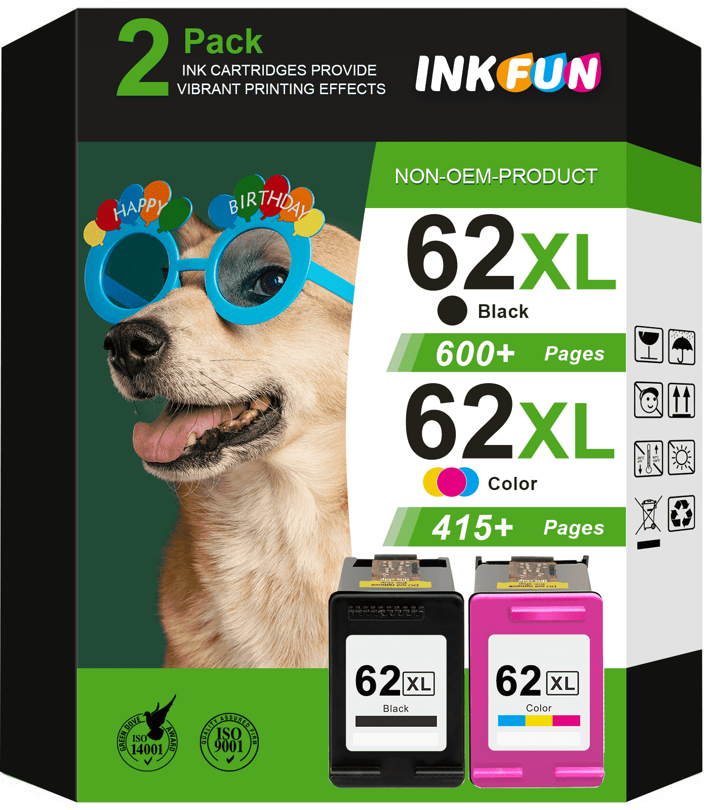 Inkfun 62XL Ink Cartridges 2 Pack for HP Envy 7640 5660, Tri-color and ...