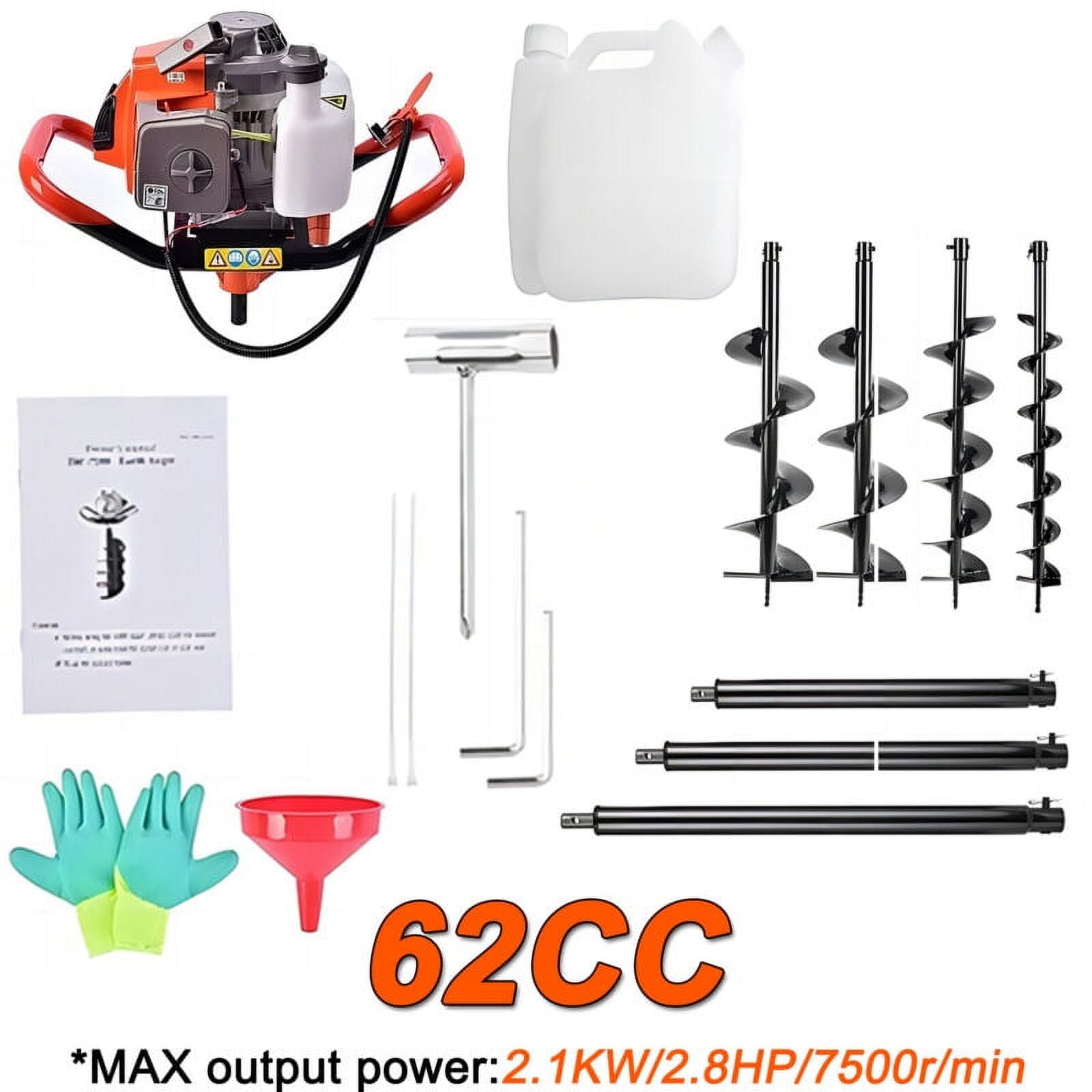 62cc Post Hole Digger 2-Stroke Petrol Gas Powered Earth Digger with 3 Extension Rods（8" 12" & 20 ...