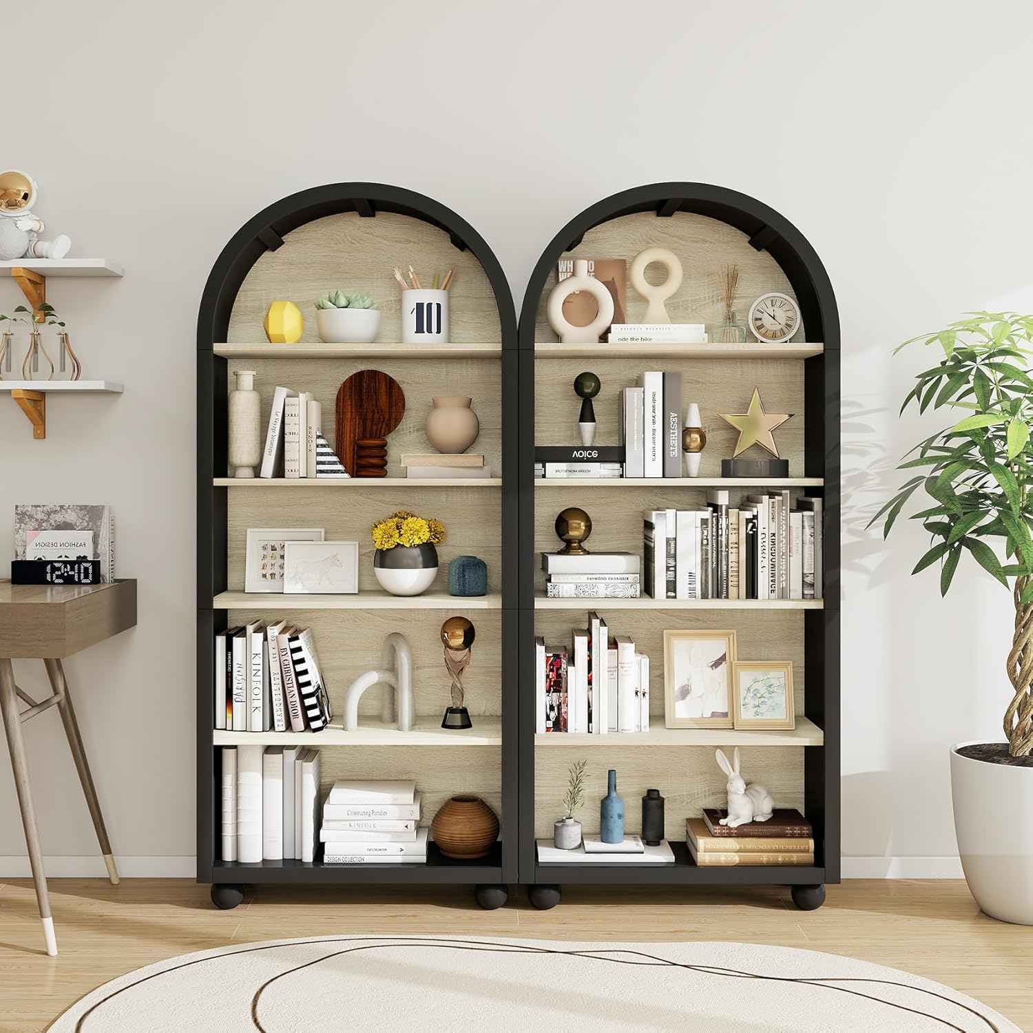 63.23” Black Tall Arched Bookcase, Arched Display Shelves with ...