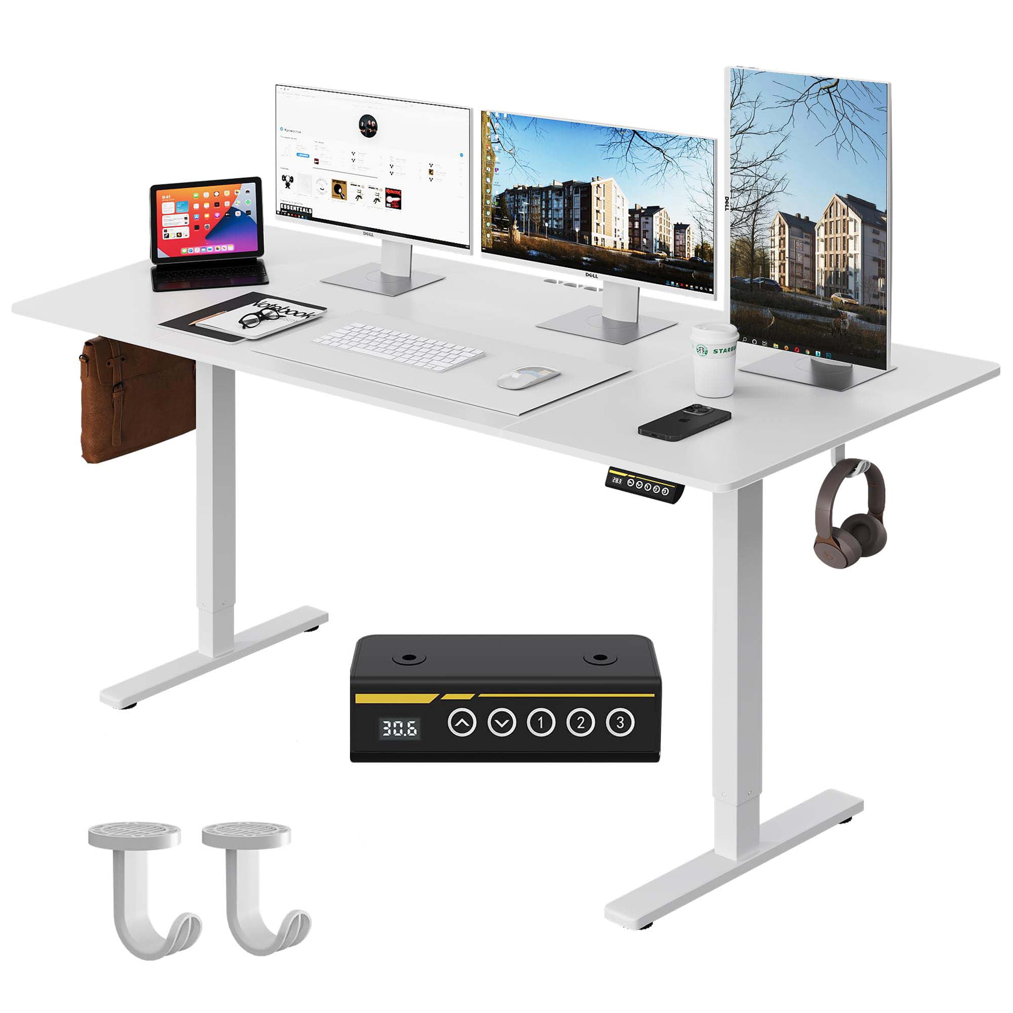 63"×28" White Electric Height Adjustable Desk, Ergonomic Sit Stand ...