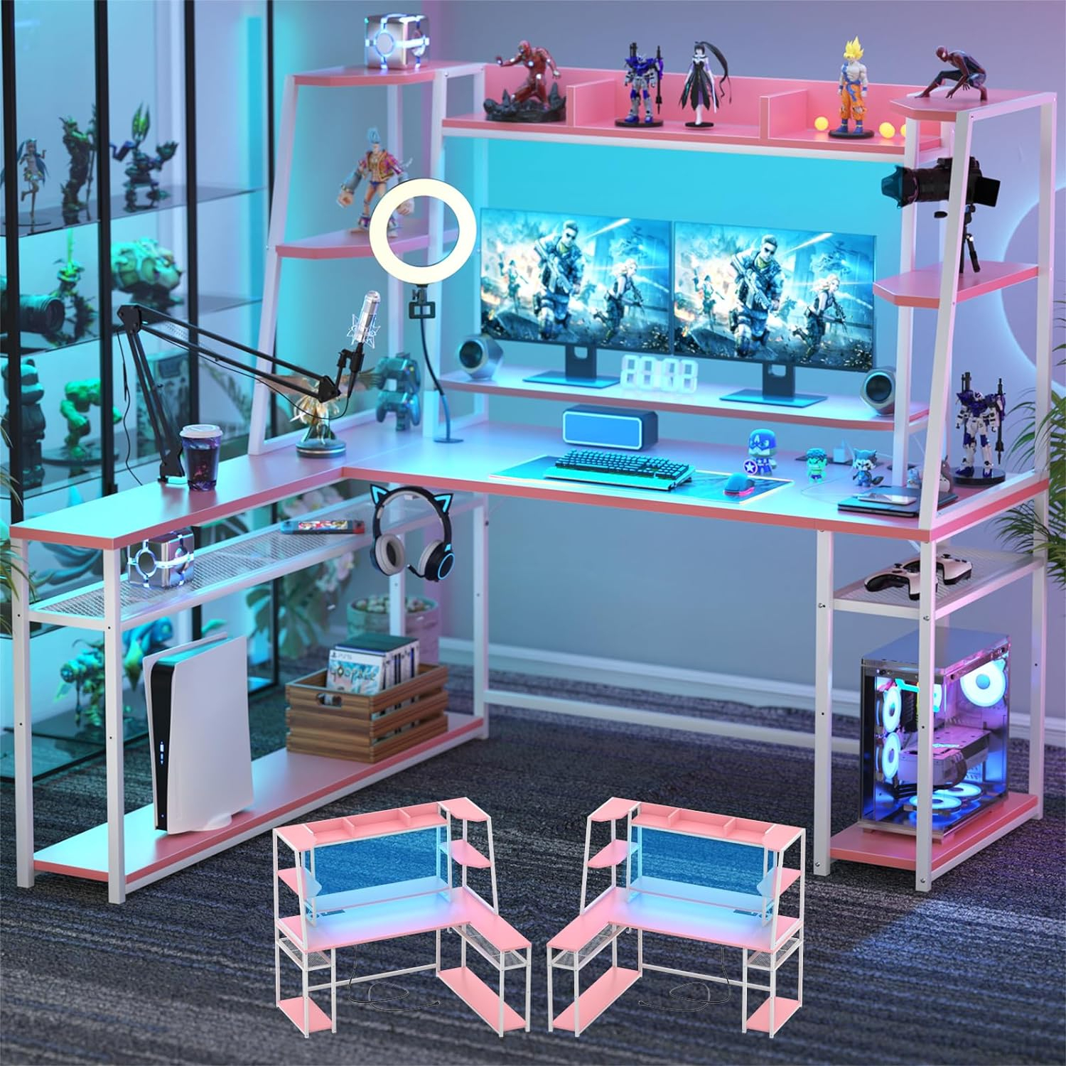 63'' Large L Shaped Gaming Desk with LED Lights & Power Strips ...