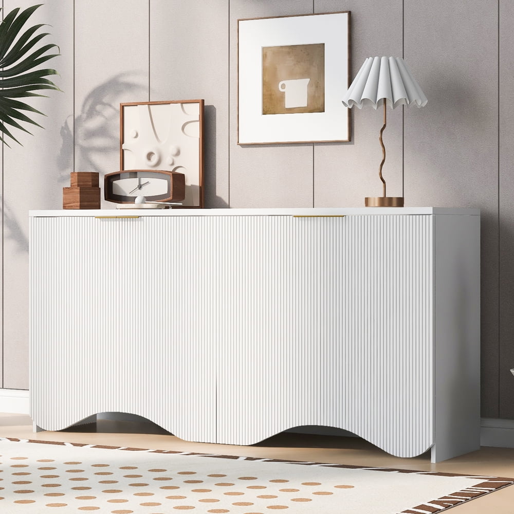 63" 4-Door Sideboard Cabinet with Vertical Stripes & Wavy Design,Fluted ...