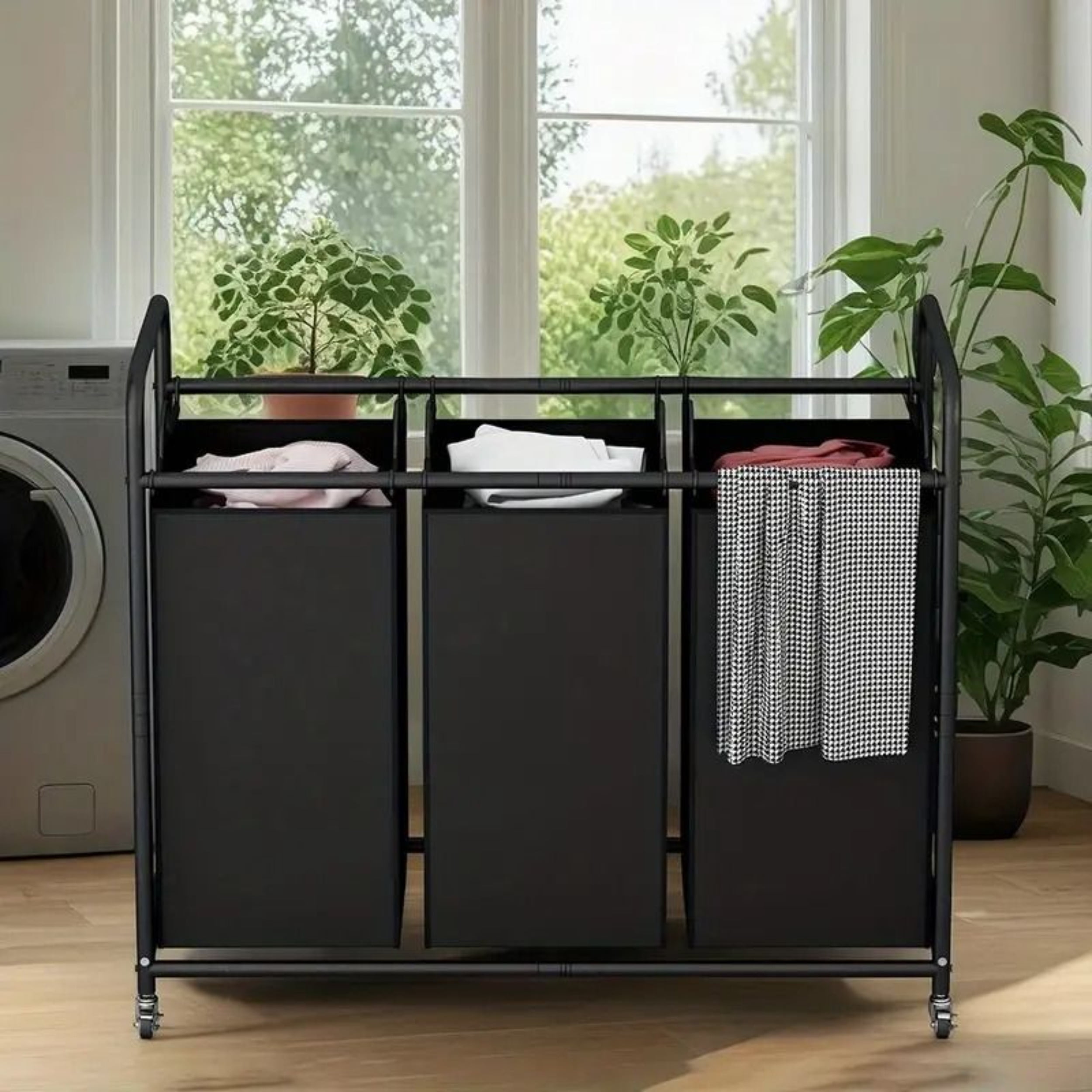 63.4 Gallon Black Laundry Cart, Three-bag Rolling Laundry Sorting ...