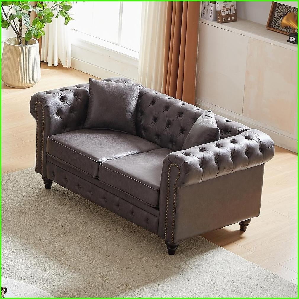 63.5” 3-Seat Chesterfield Tech Fabric Sofa | Gray | Fabric | Rolled ...